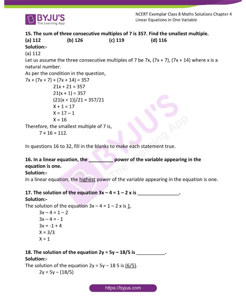 NCERT Exemplar Class 8 Maths Solutions Chapter 4 Linear Equations In