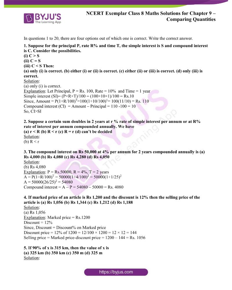 NCERT Exemplar Solutions Class 8 Chapter 9 Comparing Quantities