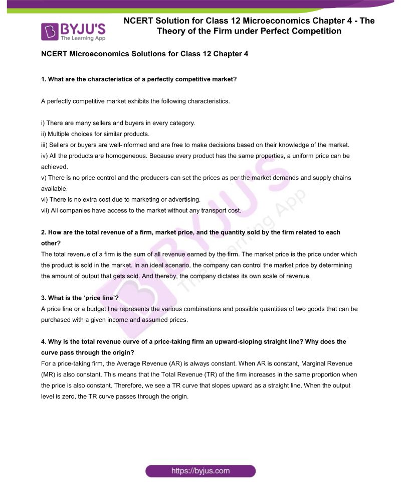 NCERT Solution for Class 12 Economics Chapter 4 The Theory of the Firm ...