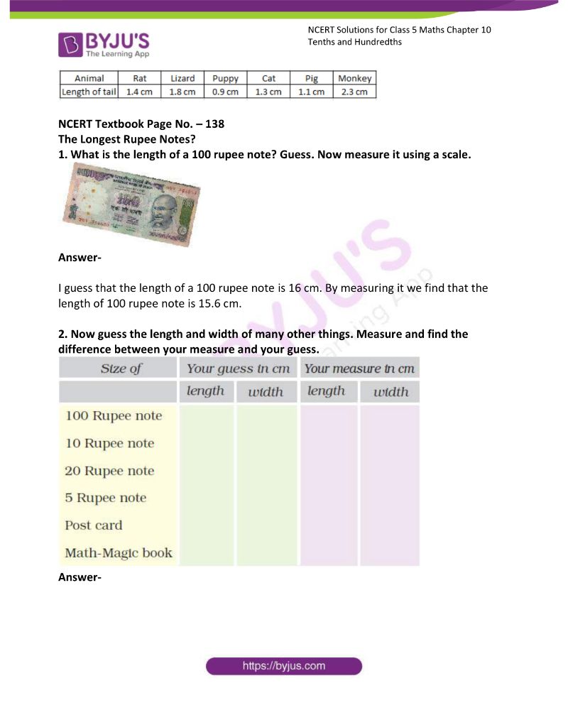 NCERT Solutions Class 5 Maths Chapter 10 Tenths And Hundredths Click