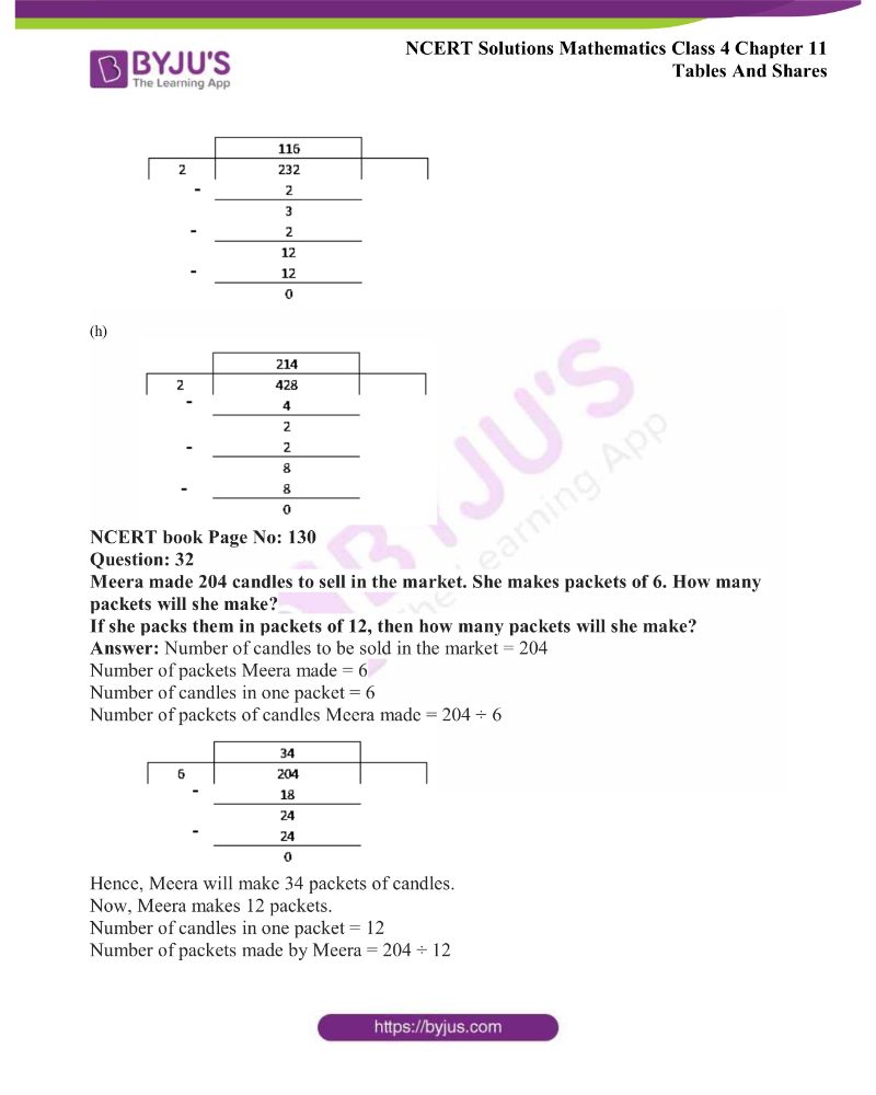 NCERT Solutions Class 4 Maths Chapter 11 Tables and Shares - Get Free PDFs