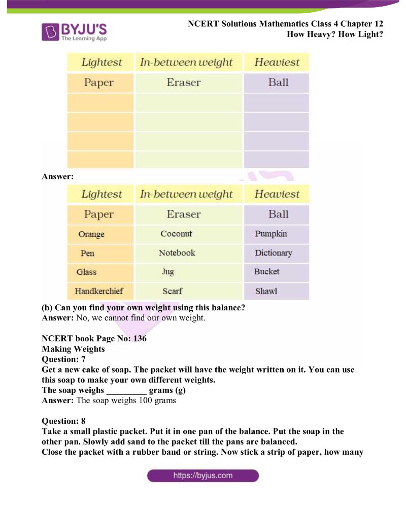 NCERT Solutions Class 4 Maths Chapter 12 How Heavy? How Light? - Free ...