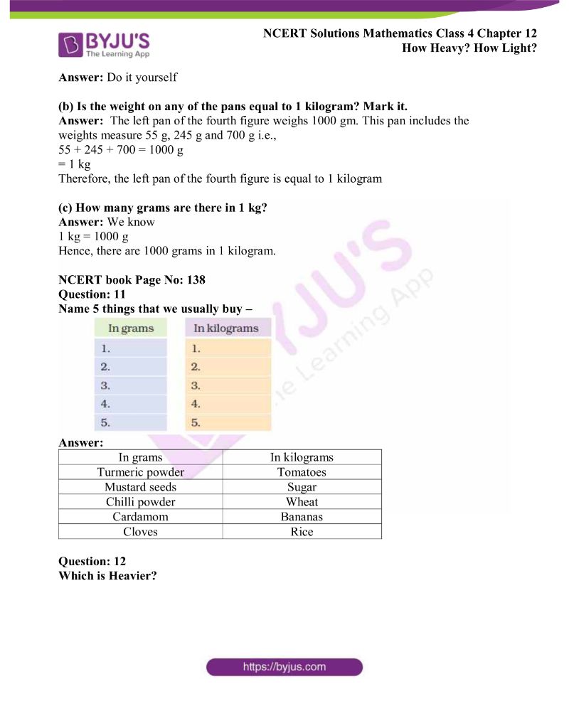 NCERT Solutions Class 4 Maths Chapter 12 How Heavy? How Light? - Free ...