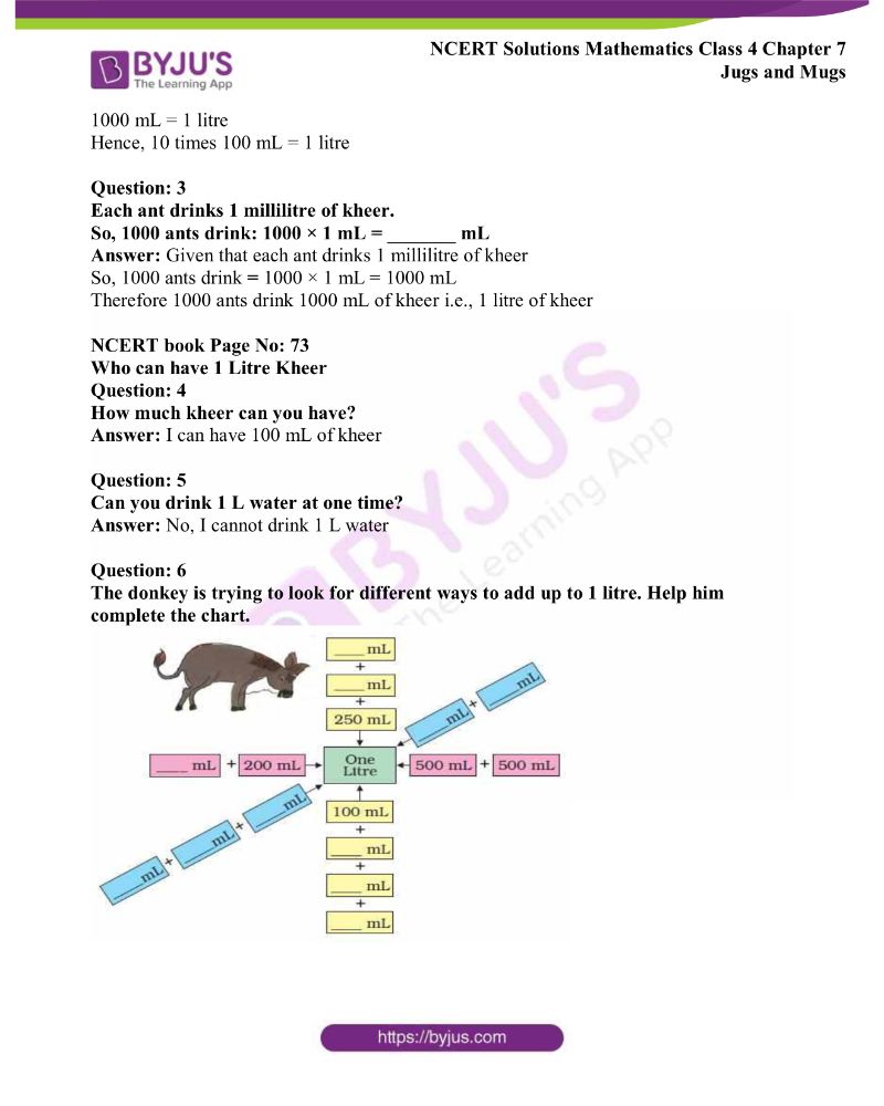 NCERT Solutions Class 4 Maths Chapter 7 Jugs and Mugs - Get Free PDFs