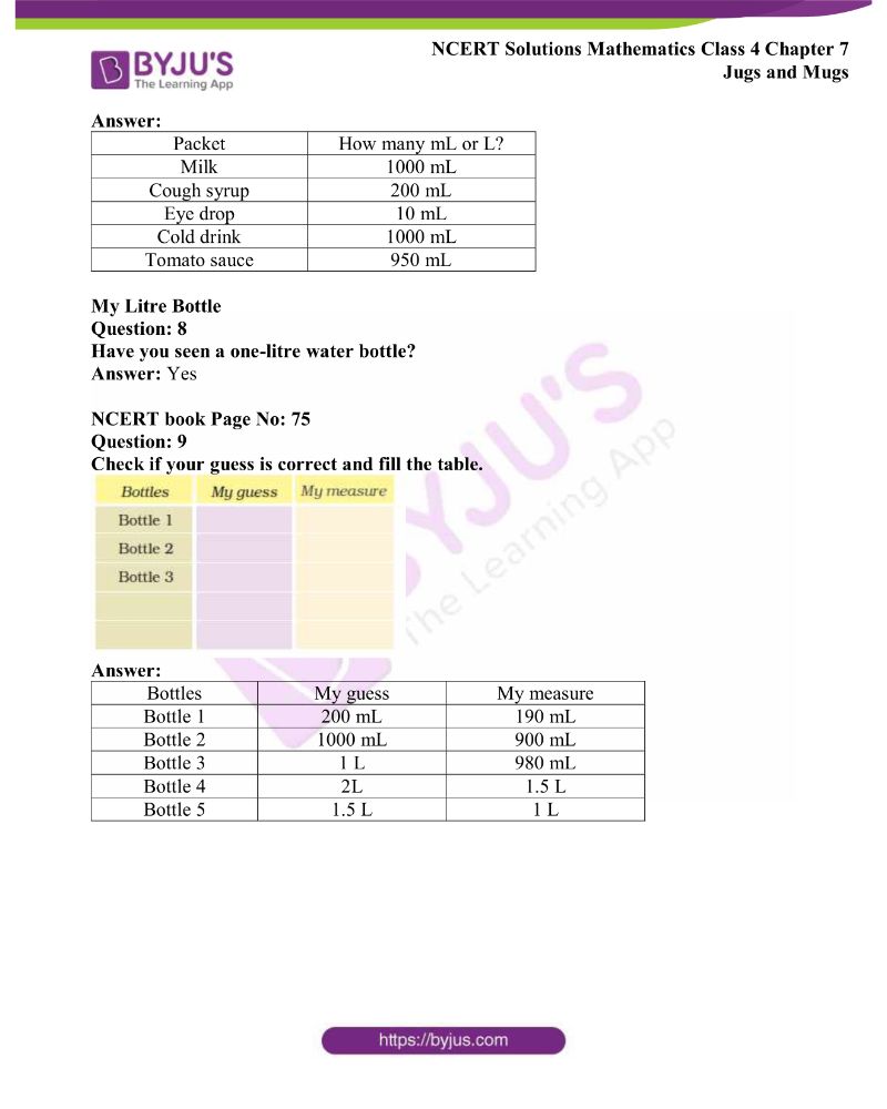 NCERT Solutions Class 4 Maths Chapter 7 Jugs and Mugs - Get Free PDFs