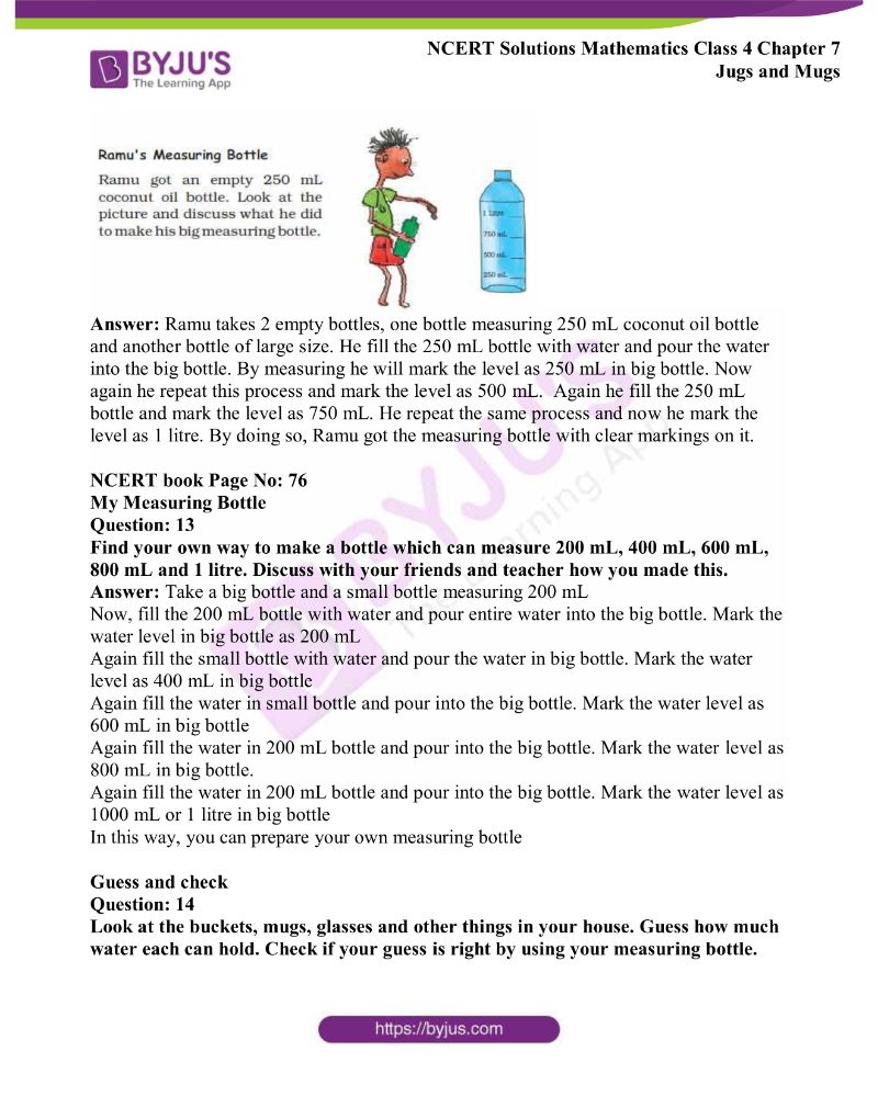 NCERT Solutions Class 4 Maths Chapter 7 Jugs and Mugs - Get Free PDFs
