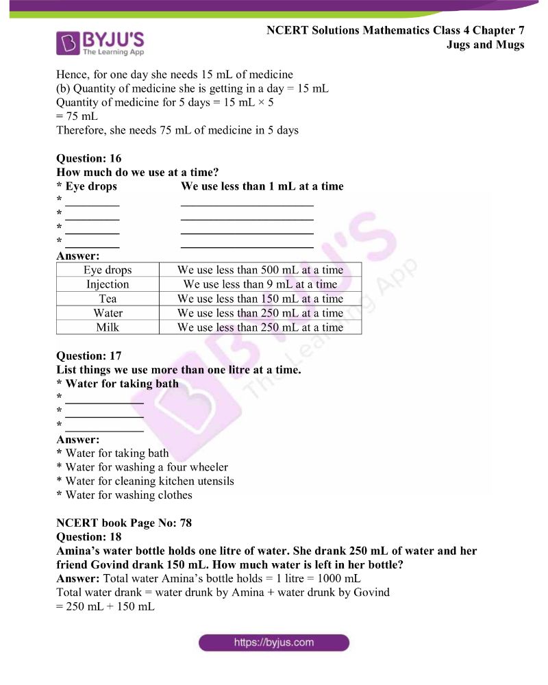 NCERT Solutions Class 4 Maths Chapter 7 Jugs and Mugs - Get Free PDFs