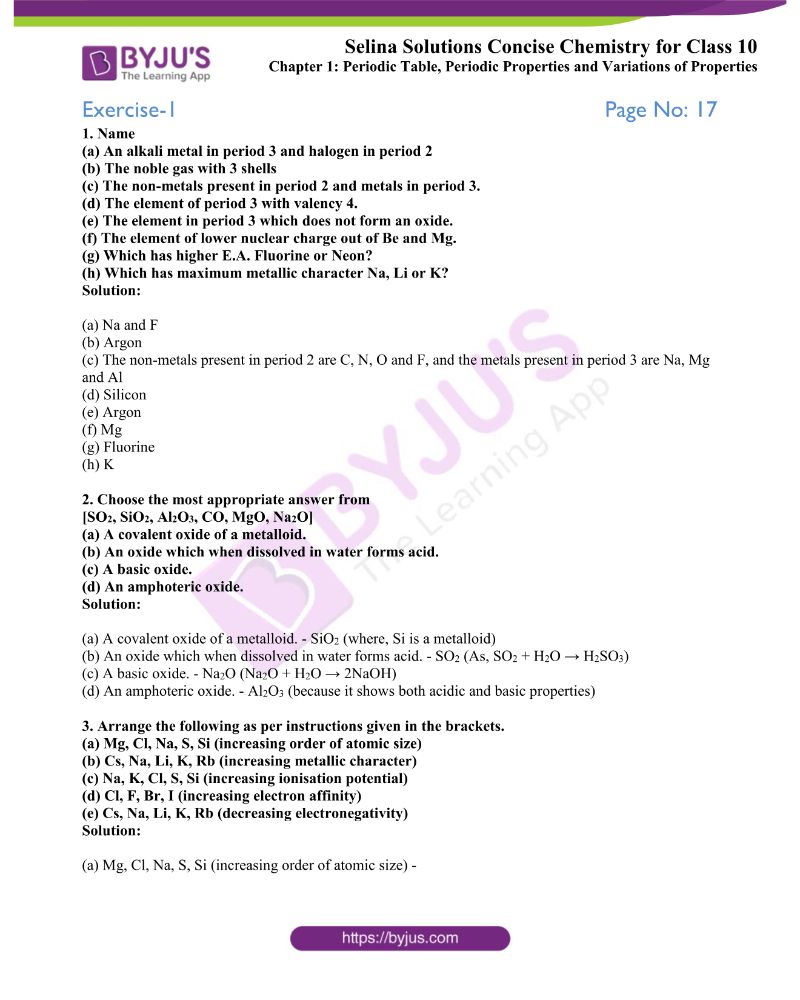 Selina Solutions Class 10 Concise Chemistry Chapter 1 Periodic Table