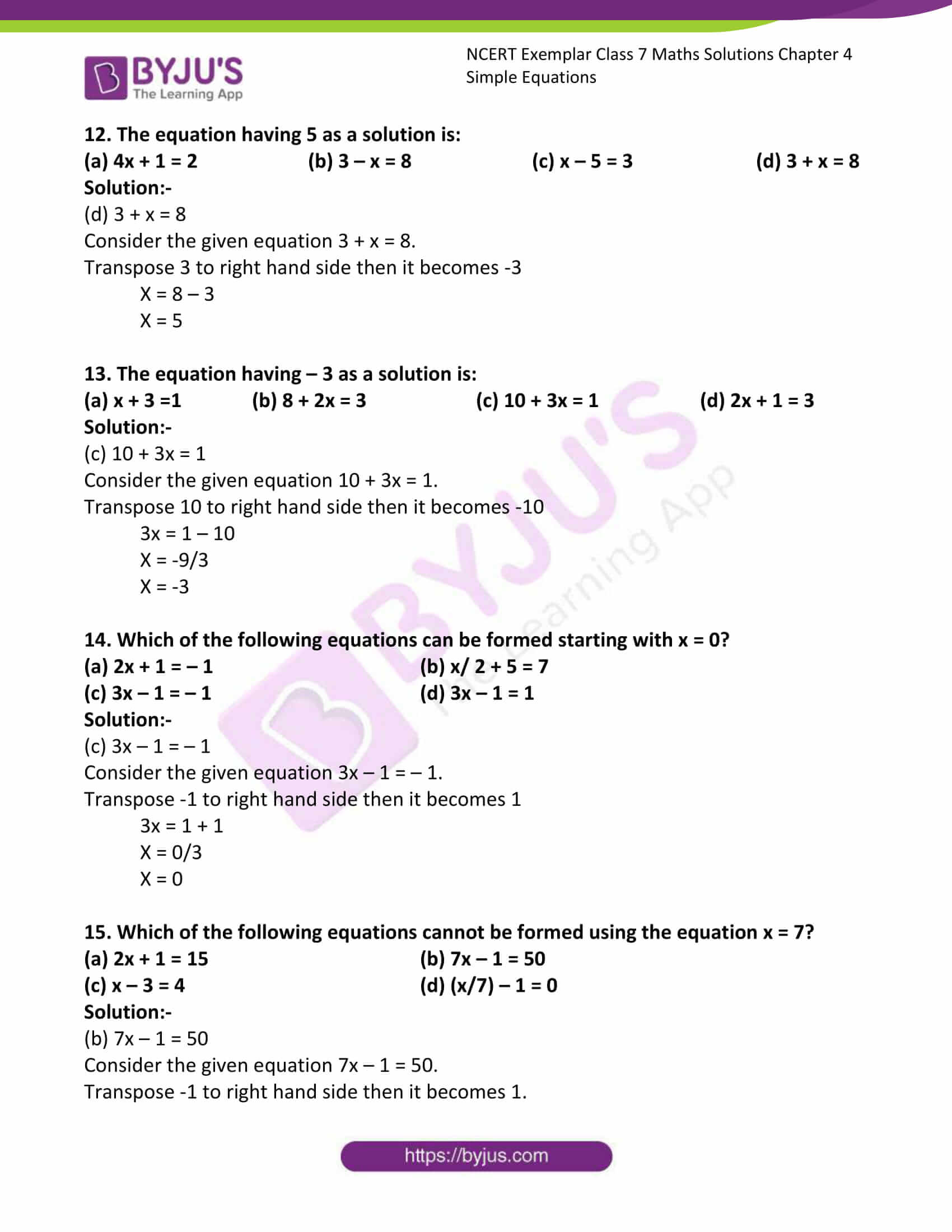NCERT Exemplar Solutions for Class 7 Maths Chapter 4 Simple Equations ...
