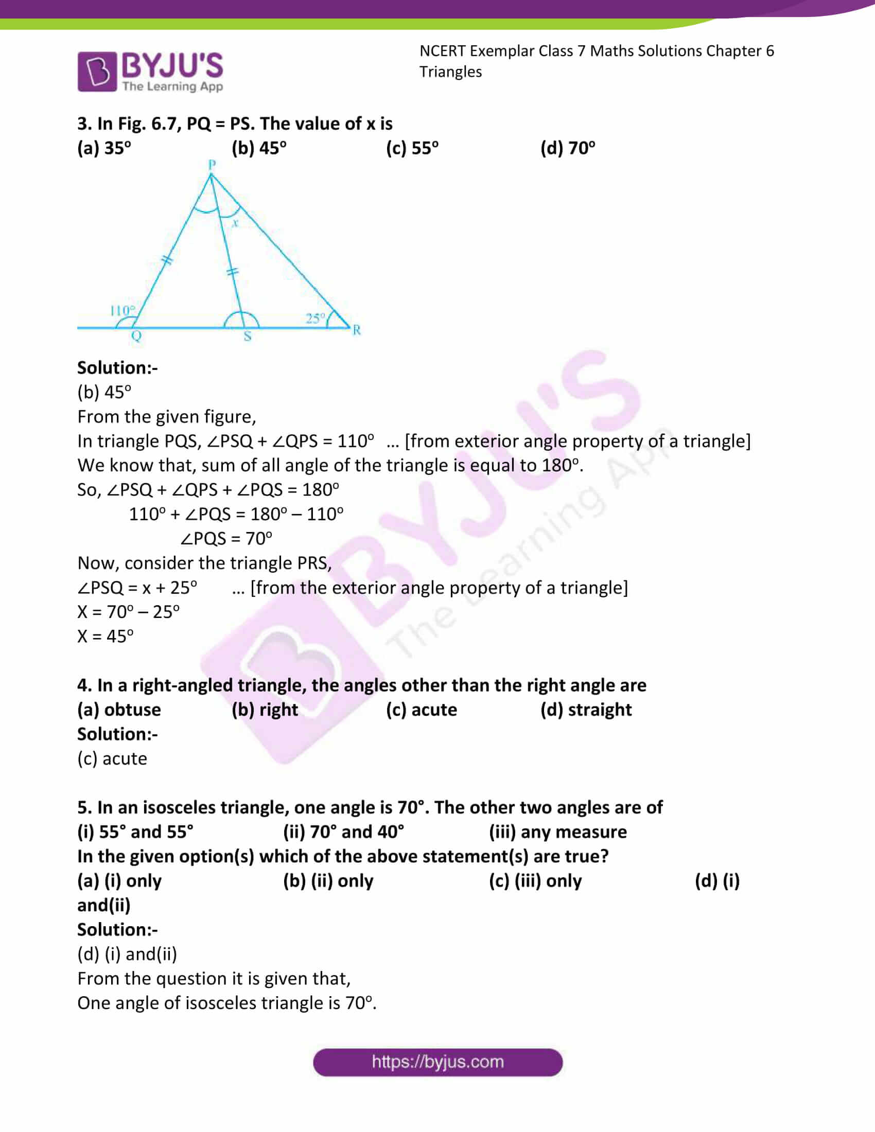NCERT Exemplar Solutions for Class 7 Maths Chapter 6 Triangles access free PDF.