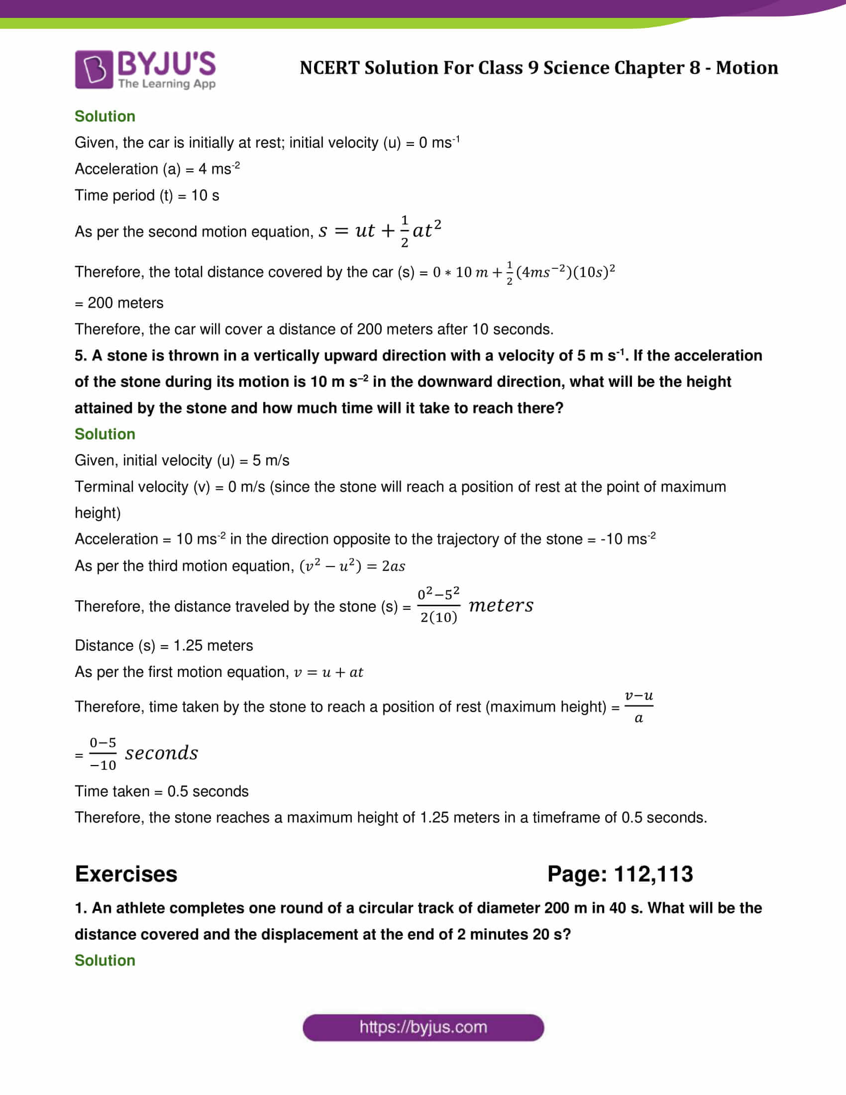 NCERT Solutions Class 9 Science Chapter 8 Motion BYJU S