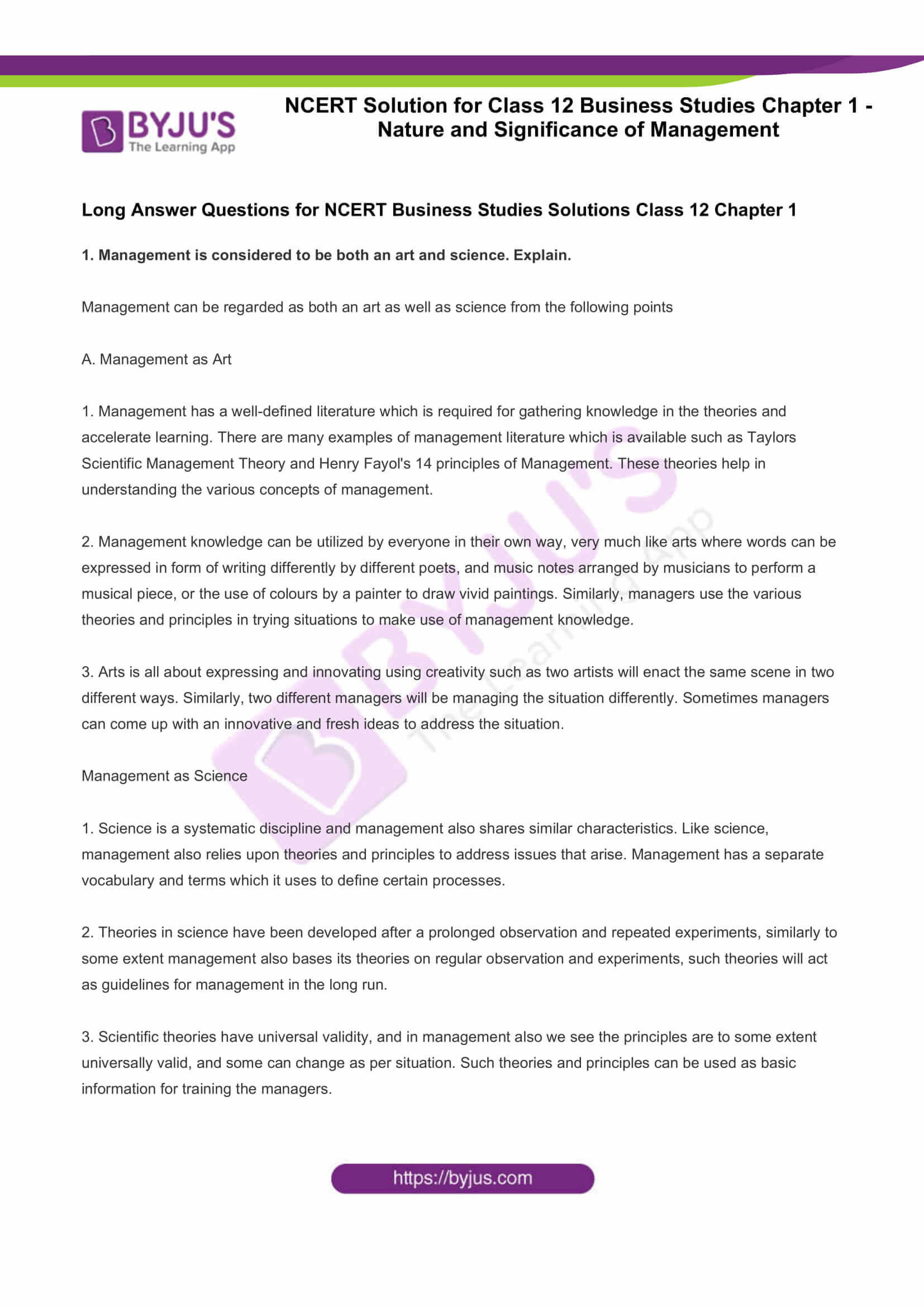 NCERT Solution For Class 12 Business Studies Chapter 1 Nature And Significance Of Management ...
