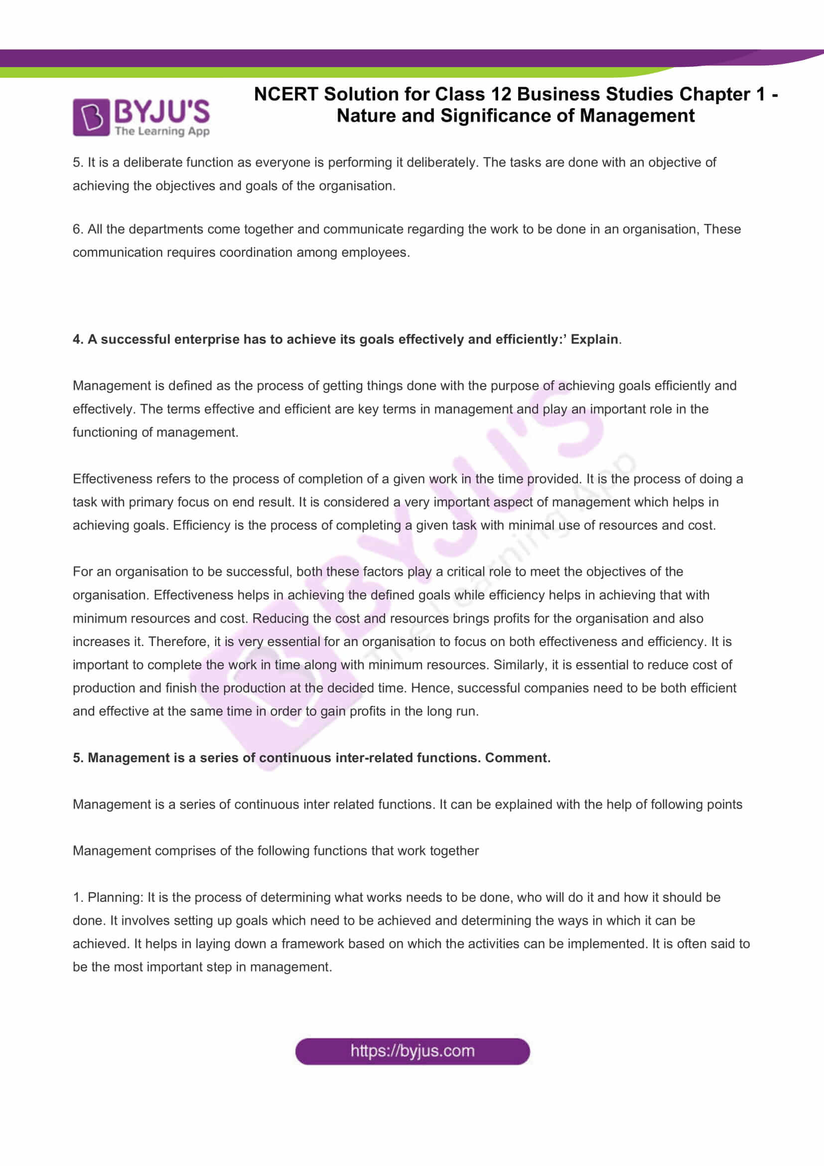 NCERT Solution For Class 12 Business Studies Chapter 1 Nature And Significance Of Management ...