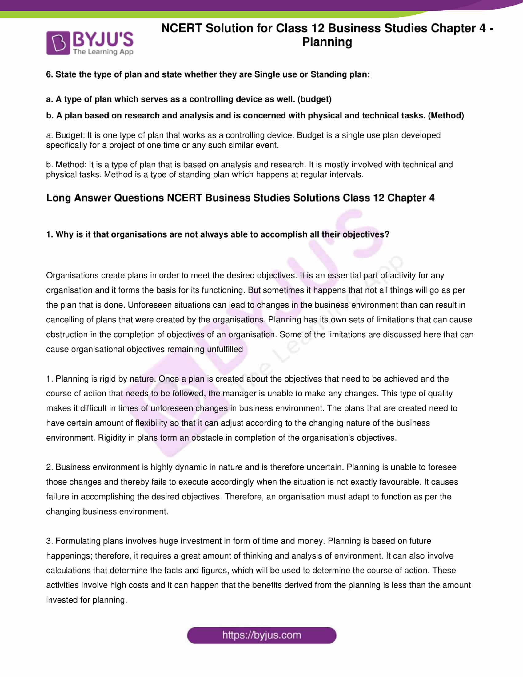 NCERT Solution For Class 12 Business Studies Chapter 4 Planning ...