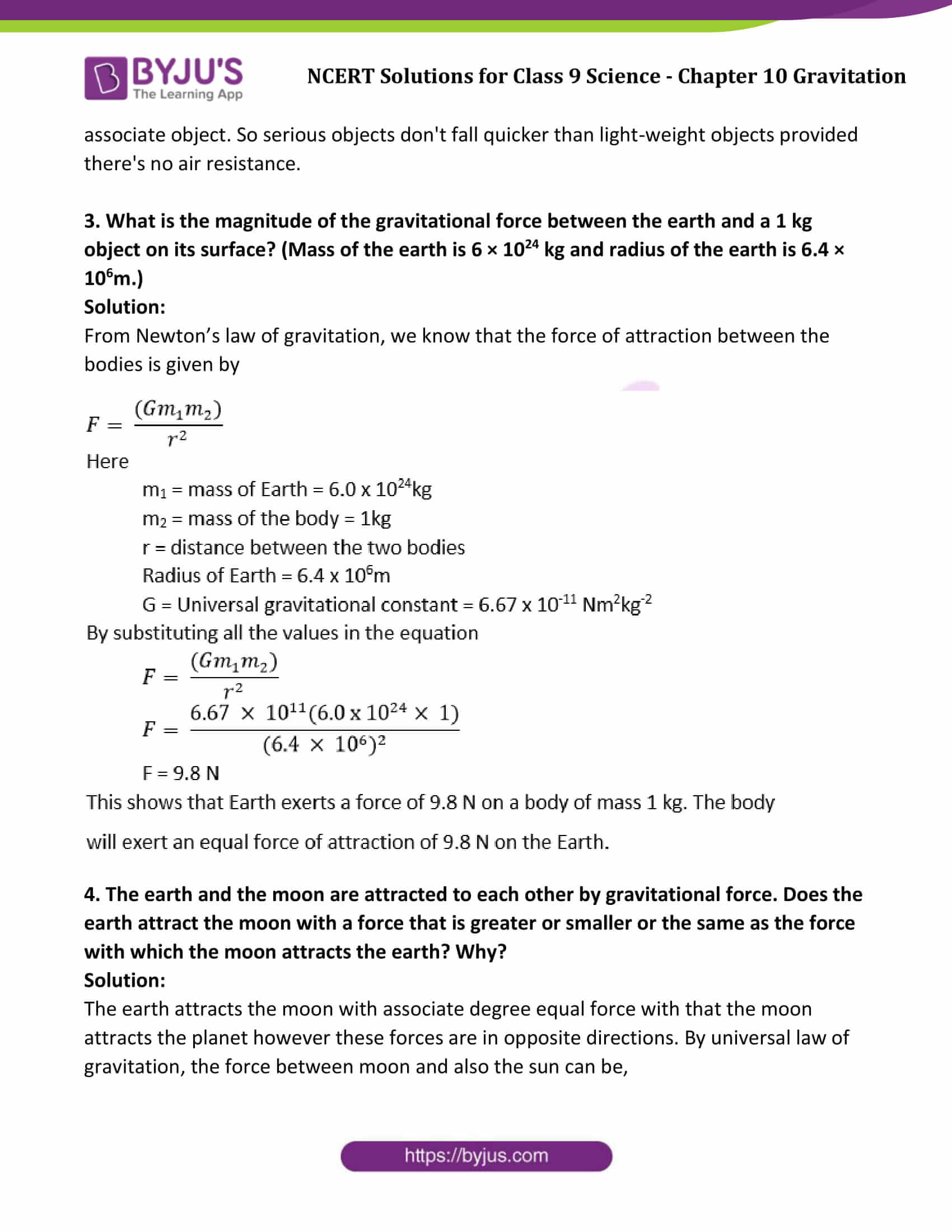 NCERT Solutions Class 9 Science Chapter 10 Gravitation - Download Free PDFs