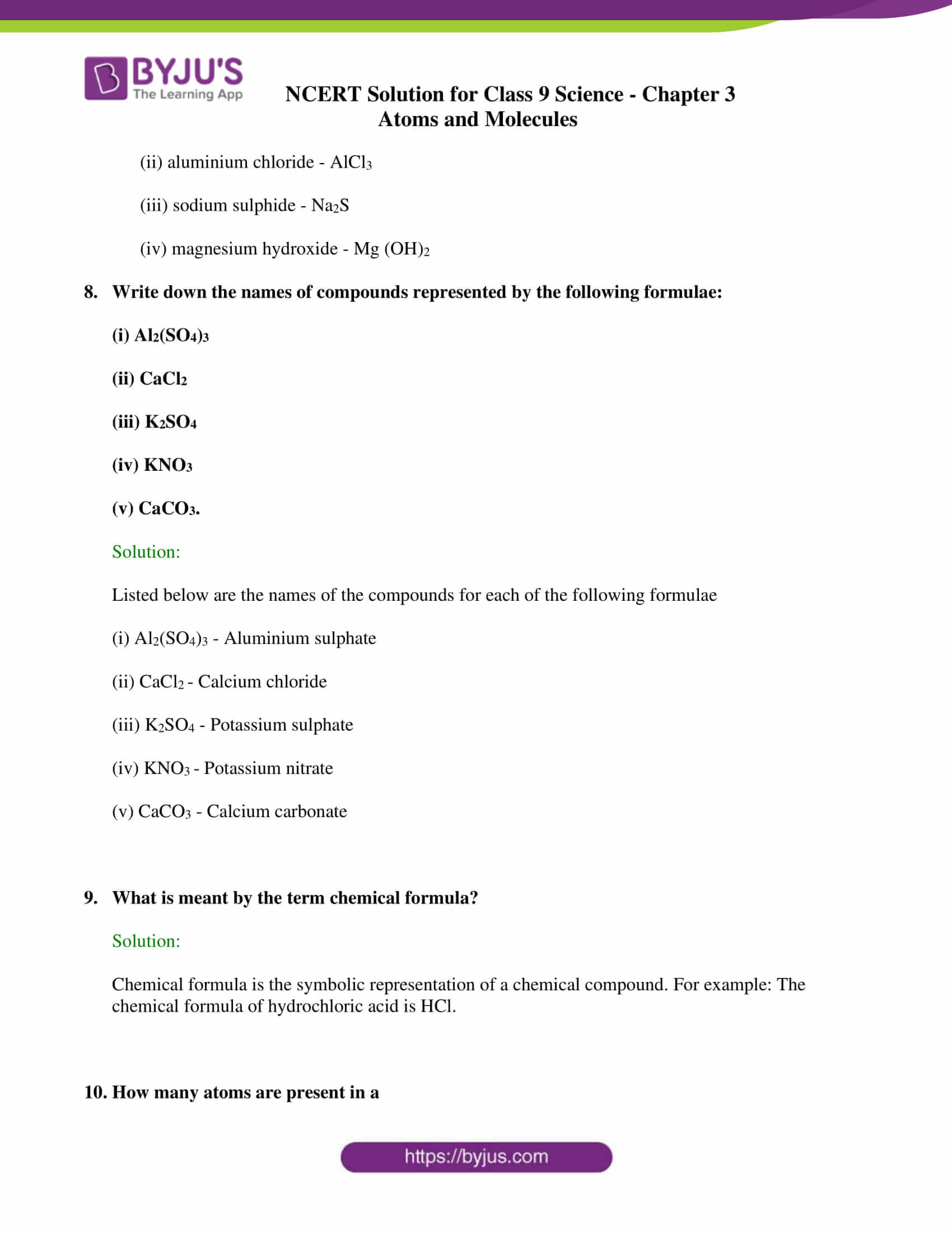 NCERT Solutions Class 9 Science Chapter 3 Atoms And Molecules - Free Download