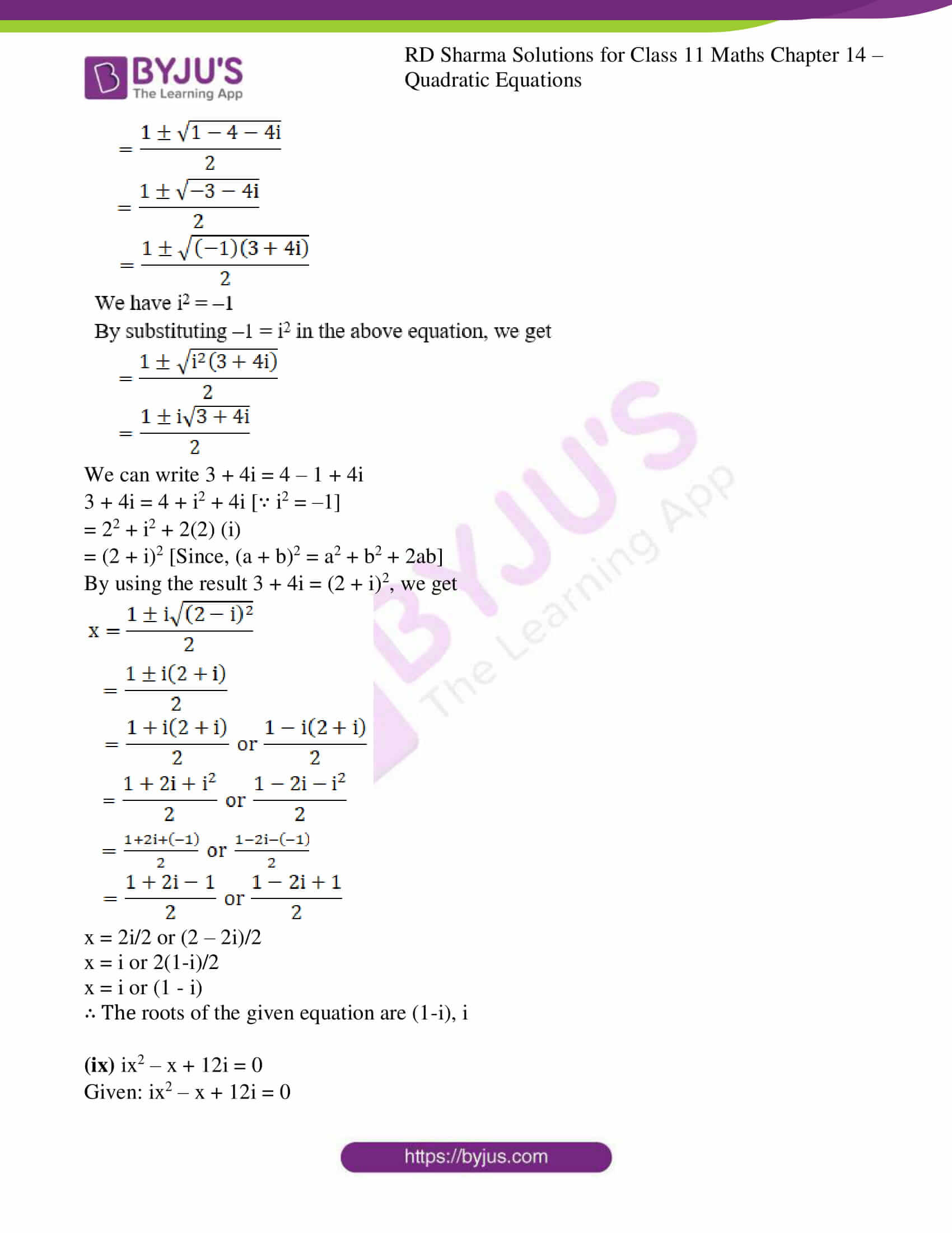RD Sharma Solutions for Class 11 Chapter 14 - Quadratic Equations ...