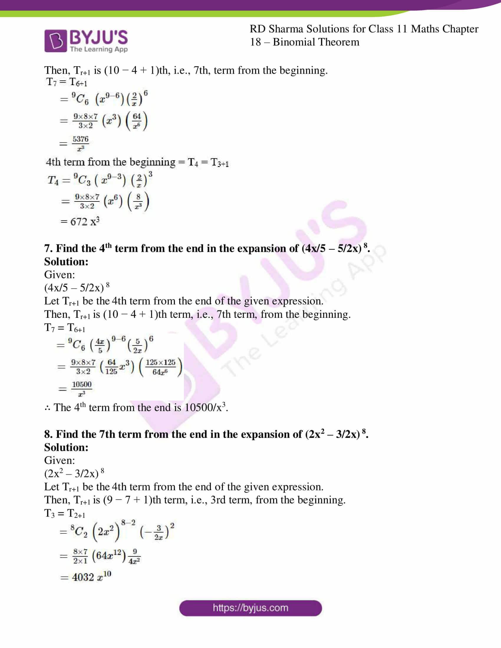 RD Sharma Solutions for Class 11 Chapter 18 - Binomial Theorem download free pdf.