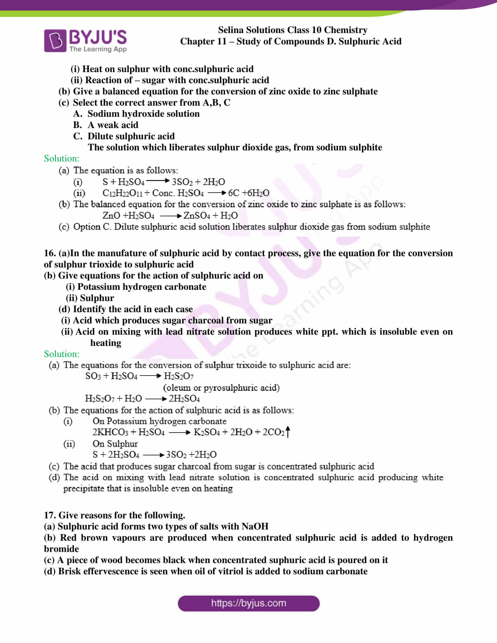 Selina Solutions Class 10 Concise Chemistry Chapter 11 Sulphuric Acid