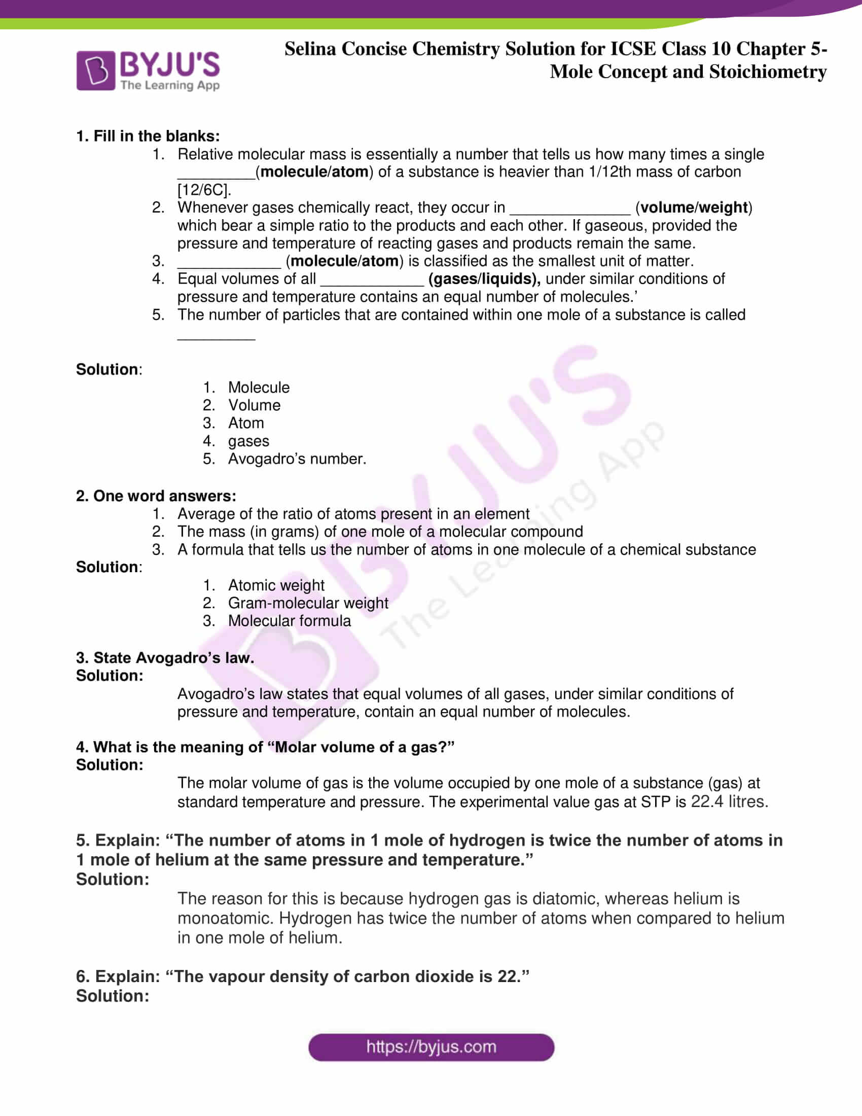 Selina Solutions Class 10 Concise Chemistry Chapter 5 Mole Concept And Selina Solutions Class 10 Concise Chemistry Chapter 5 Mole Concept And