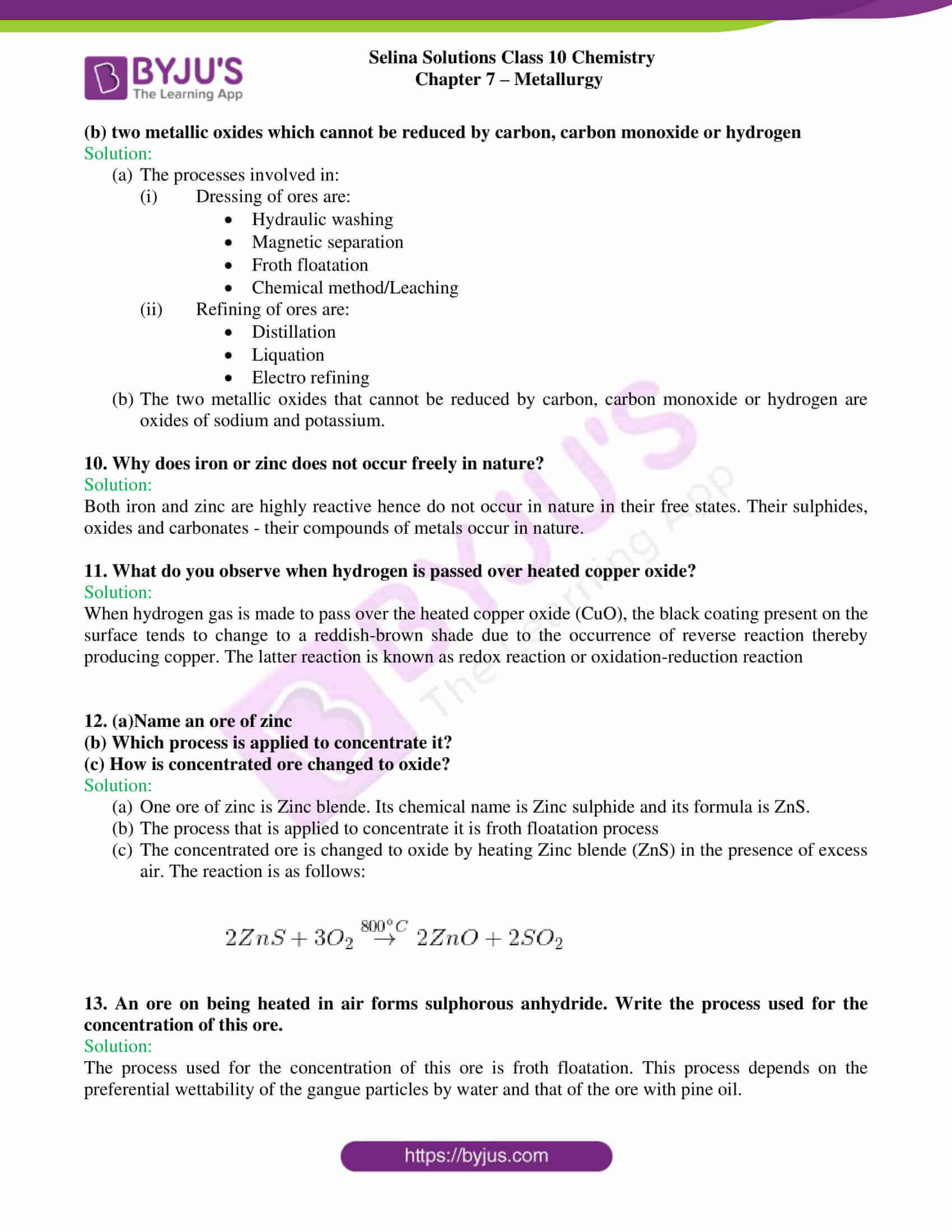 Selina Solutions Class 10 Concise Chemistry Chapter 7 Metallurgy