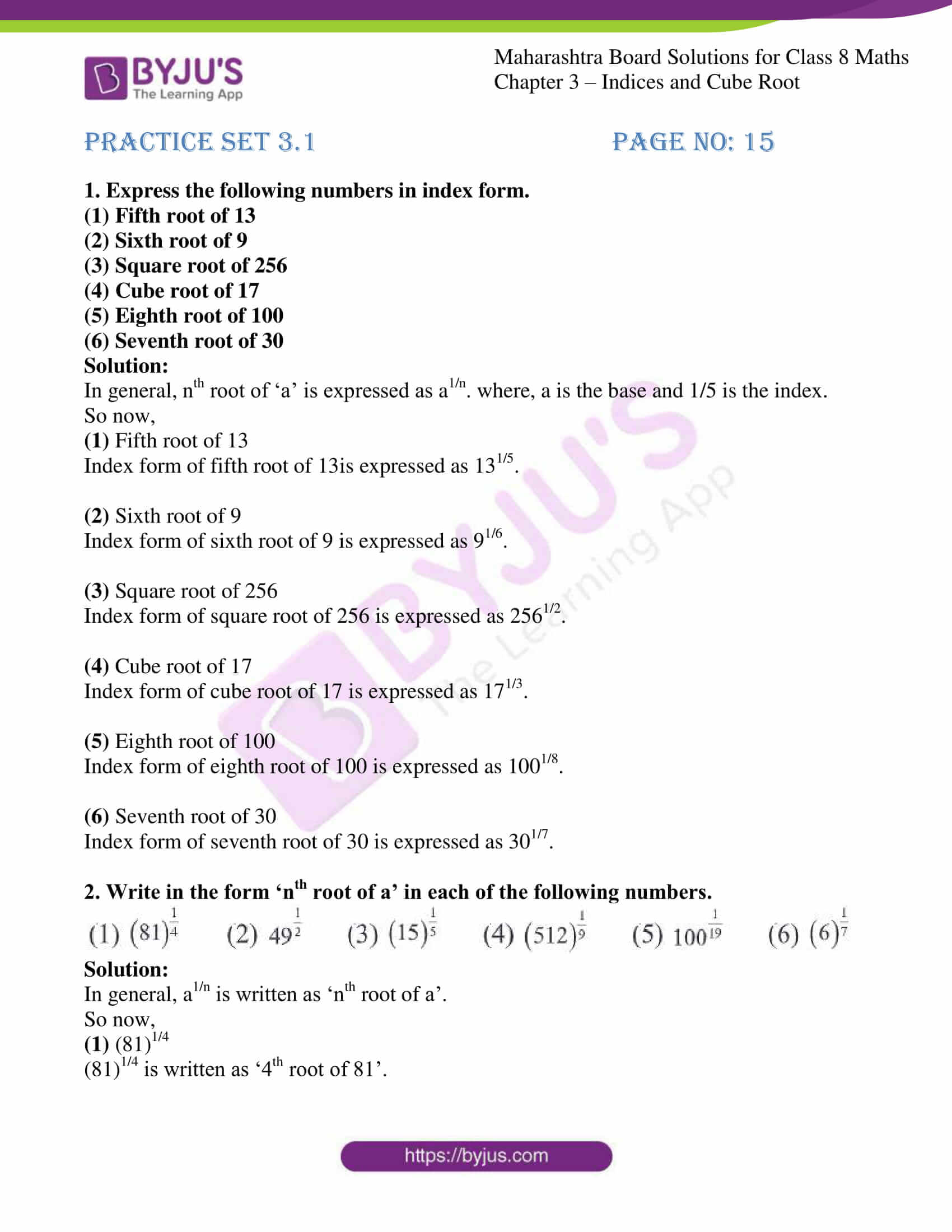 MSBSHSE Solutions For Class 8 Maths Part 1 Chapter 3 Indices And Cube