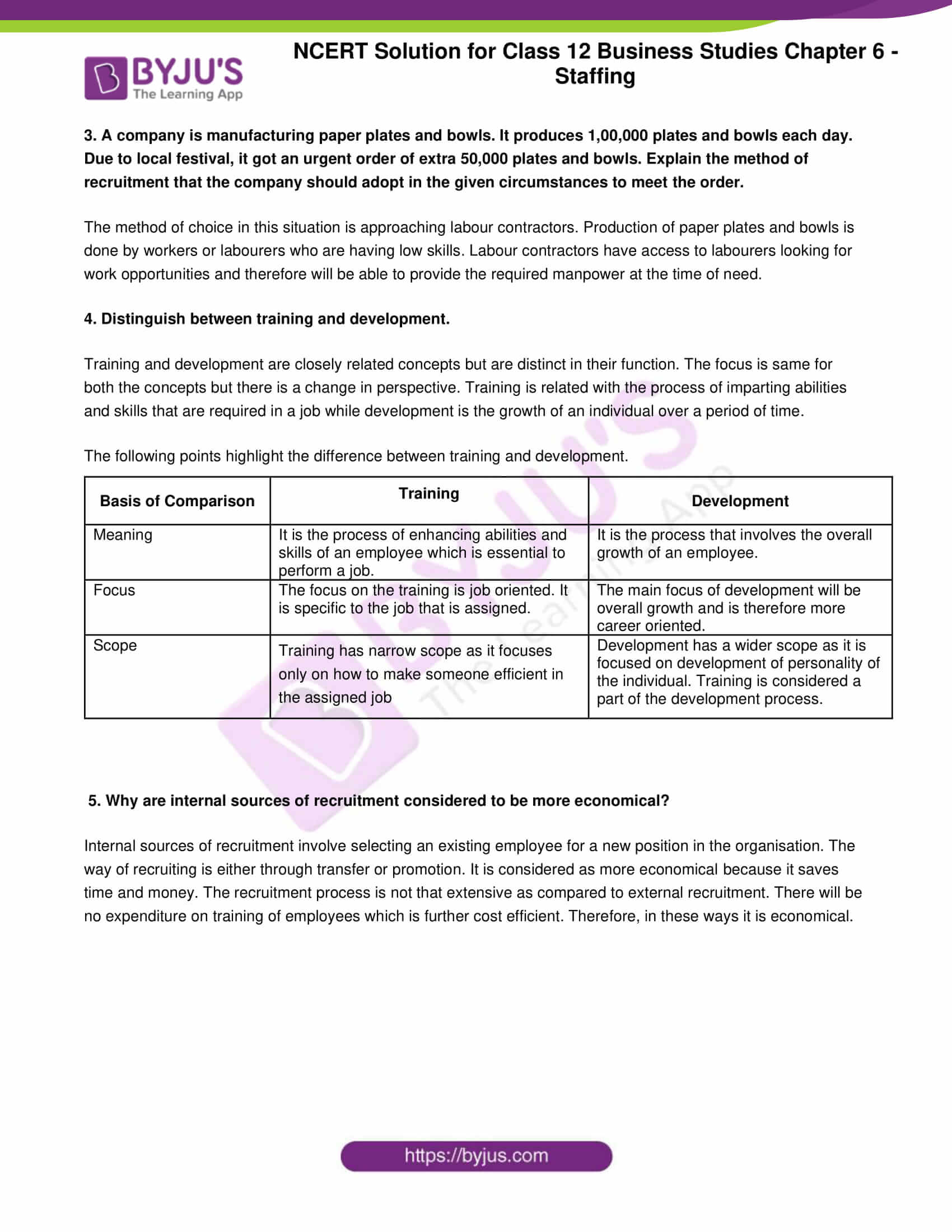 NCERT Solution For Class 12 Business Studies Chapter 6 Staffing ...