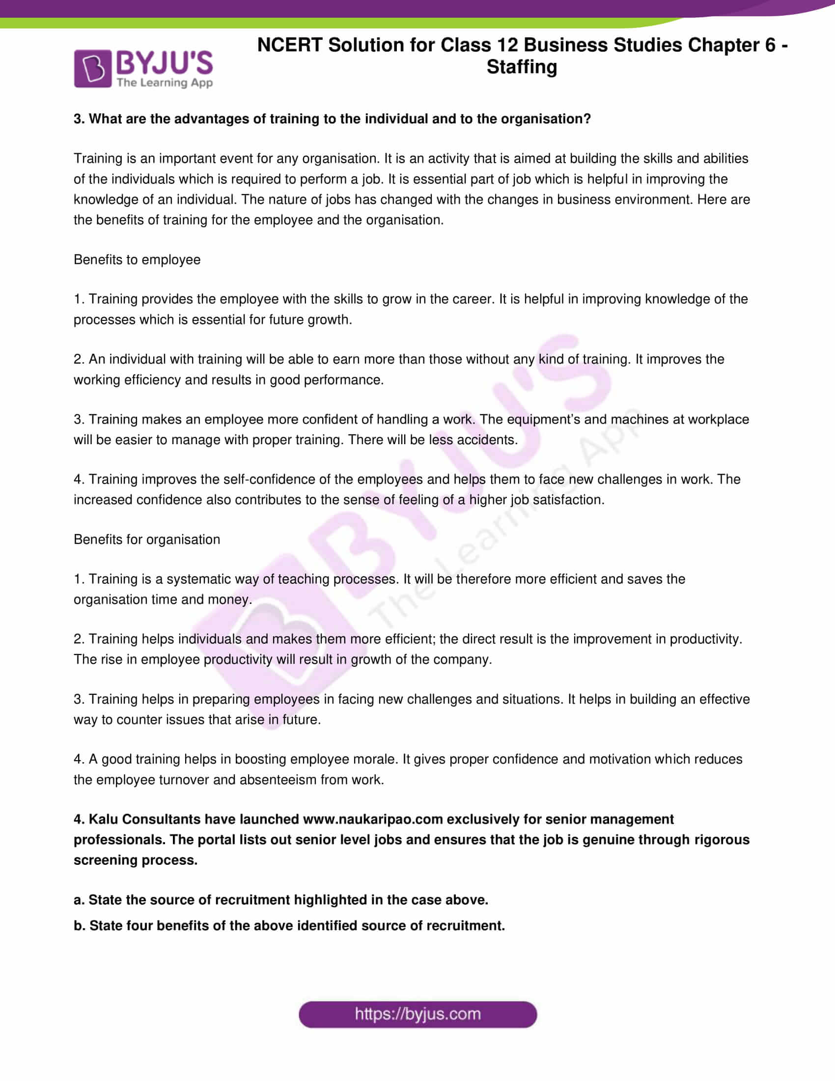 NCERT Solution For Class 12 Business Studies Chapter 6 Staffing ...