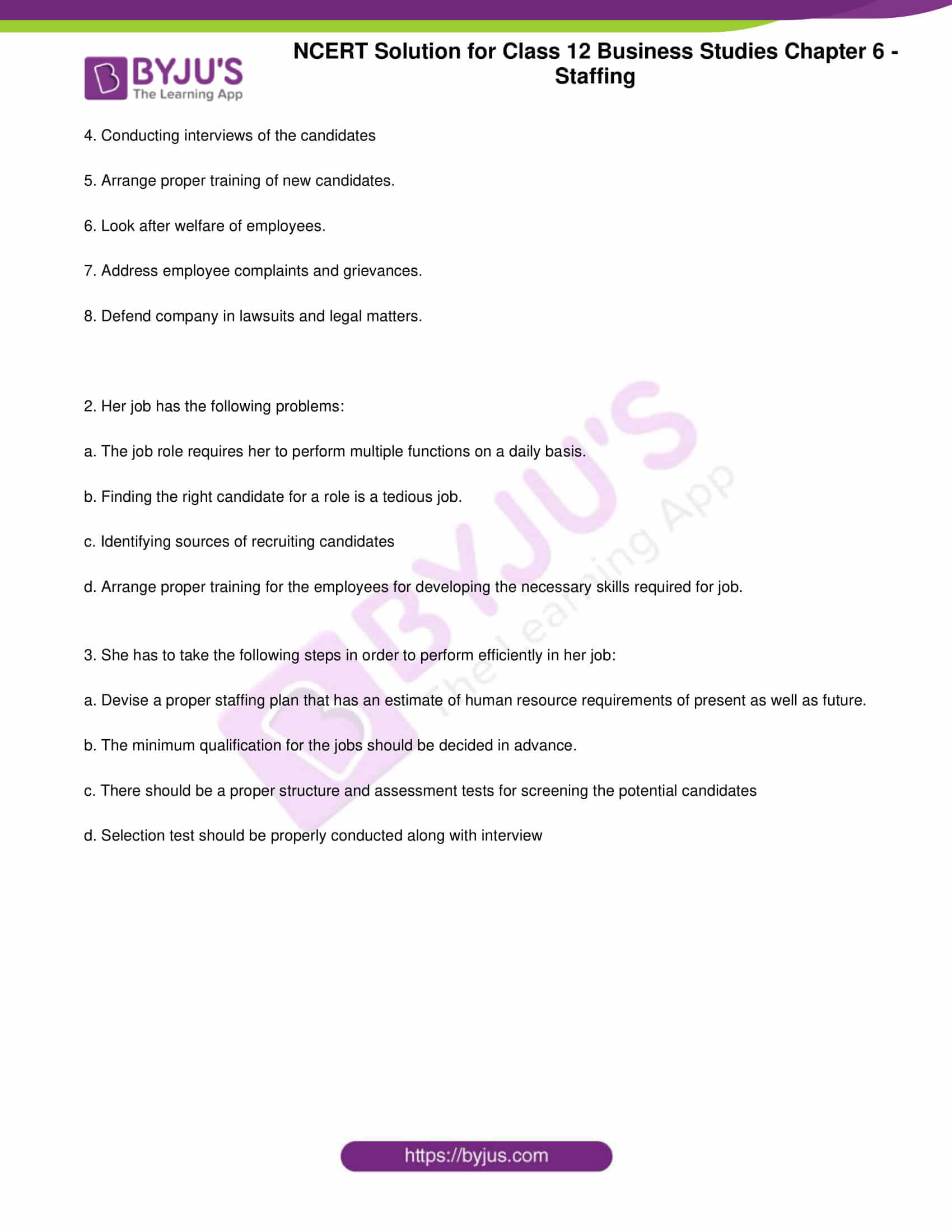 NCERT Solution For Class 12 Business Studies Chapter 6 Staffing ...