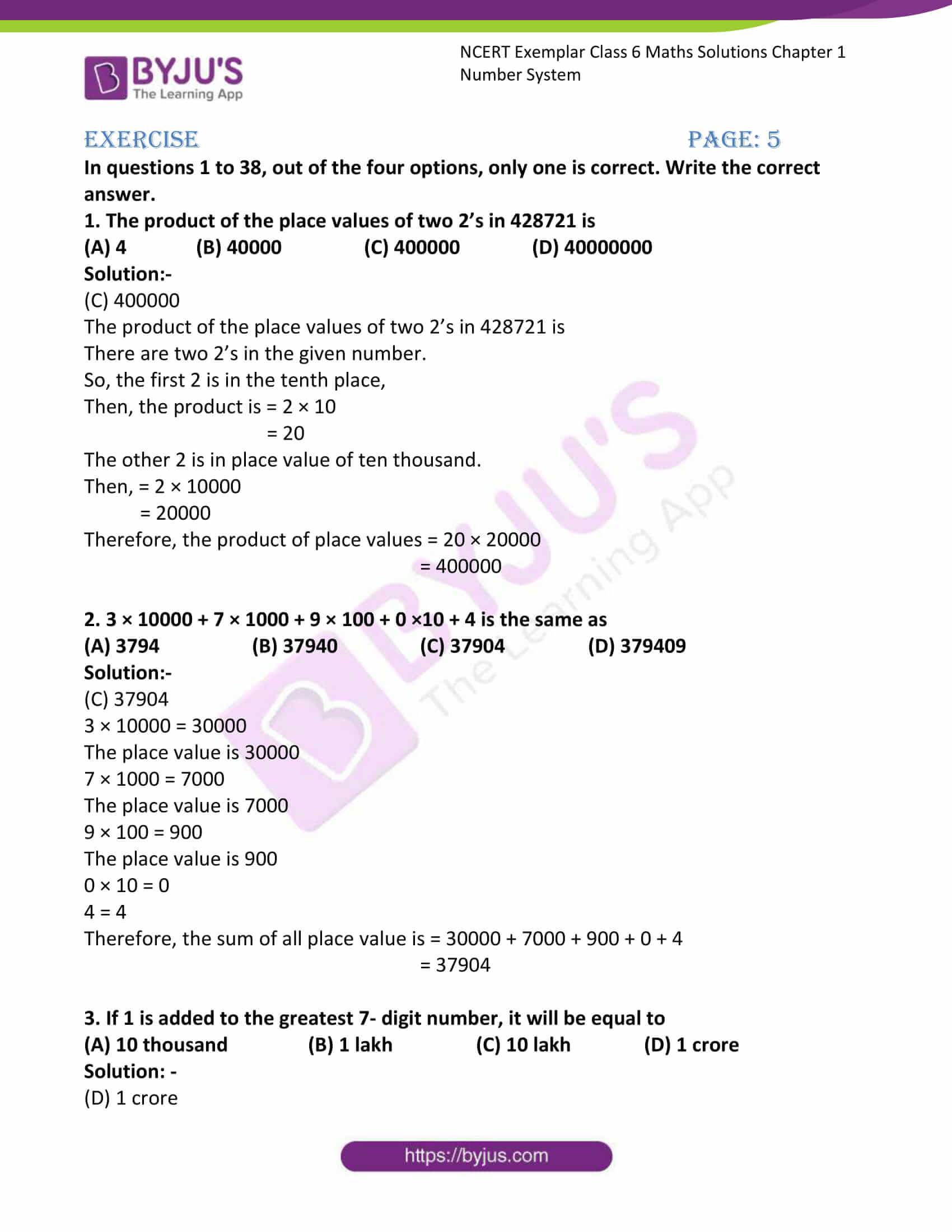 NCERT Exemplar Solutions For Class 6 Maths Chapter 1 Number System 