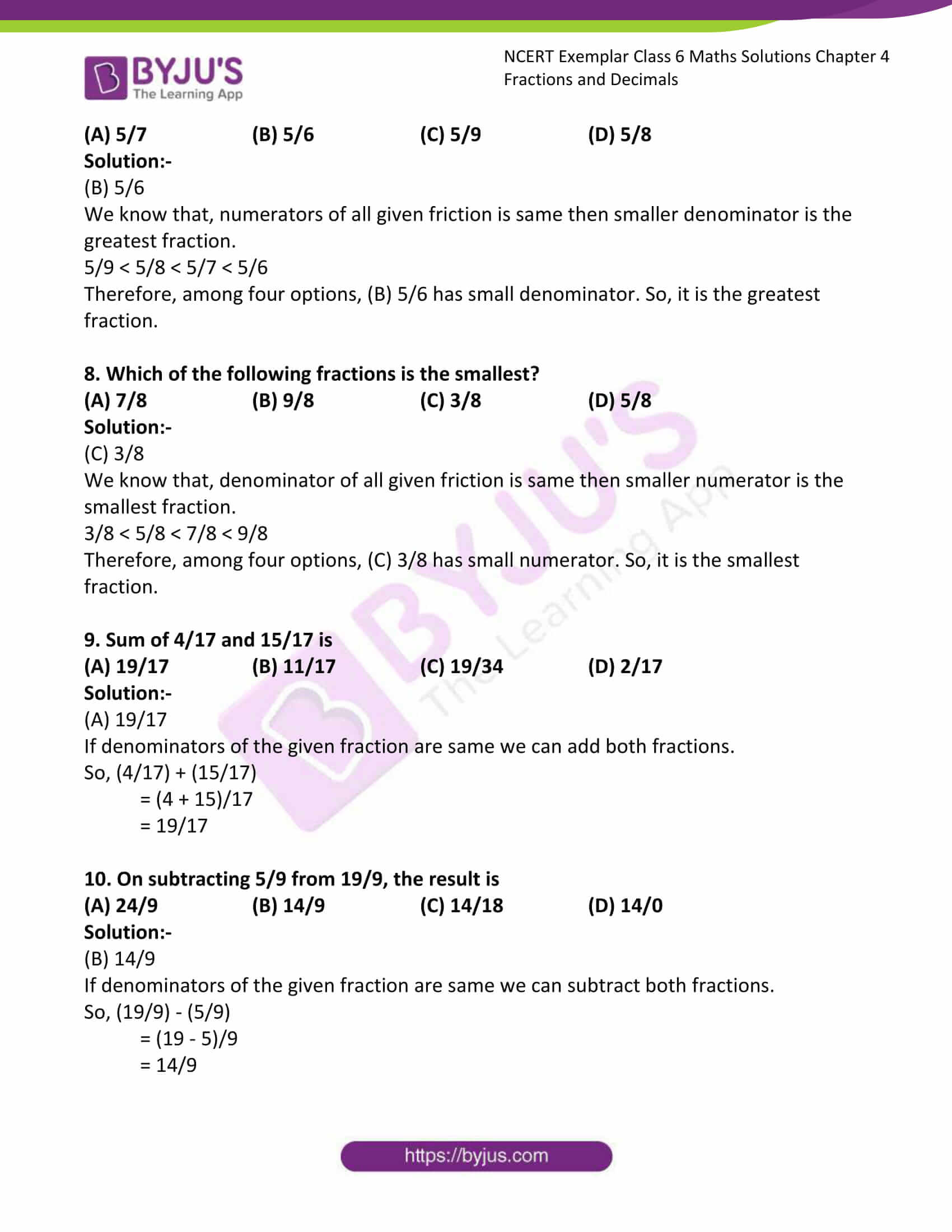 NCERT Exemplar Solutions For Class 6 Maths Chapter 4 Fractions And