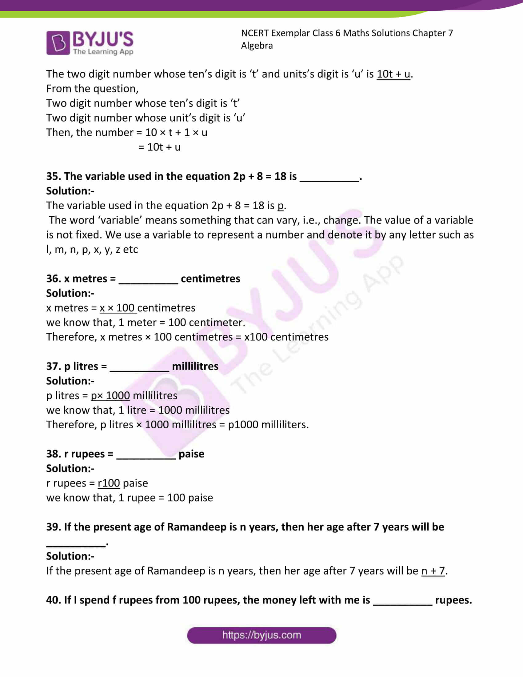 NCERT Exemplar Solutions For Class 6 Maths Chapter 7 Algebra Available NCERT Exemplar Solutions For Class 6 Maths Chapter 7 Algebra Available