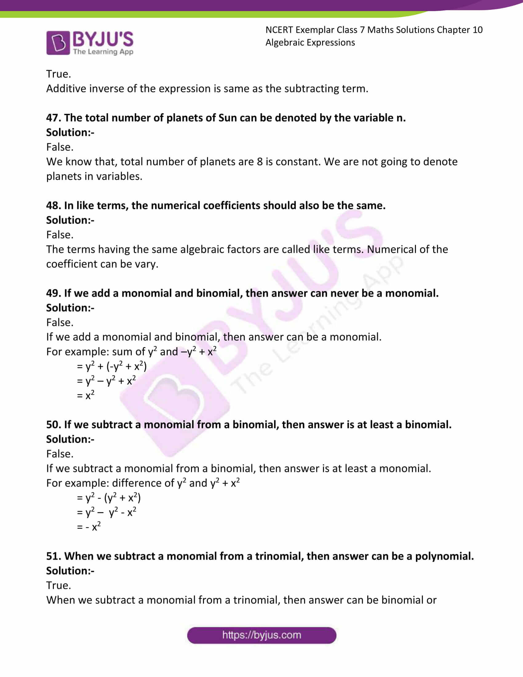 NCERT Exemplar Solutions for Class 7 Maths Chapter 10 Algebraic ...