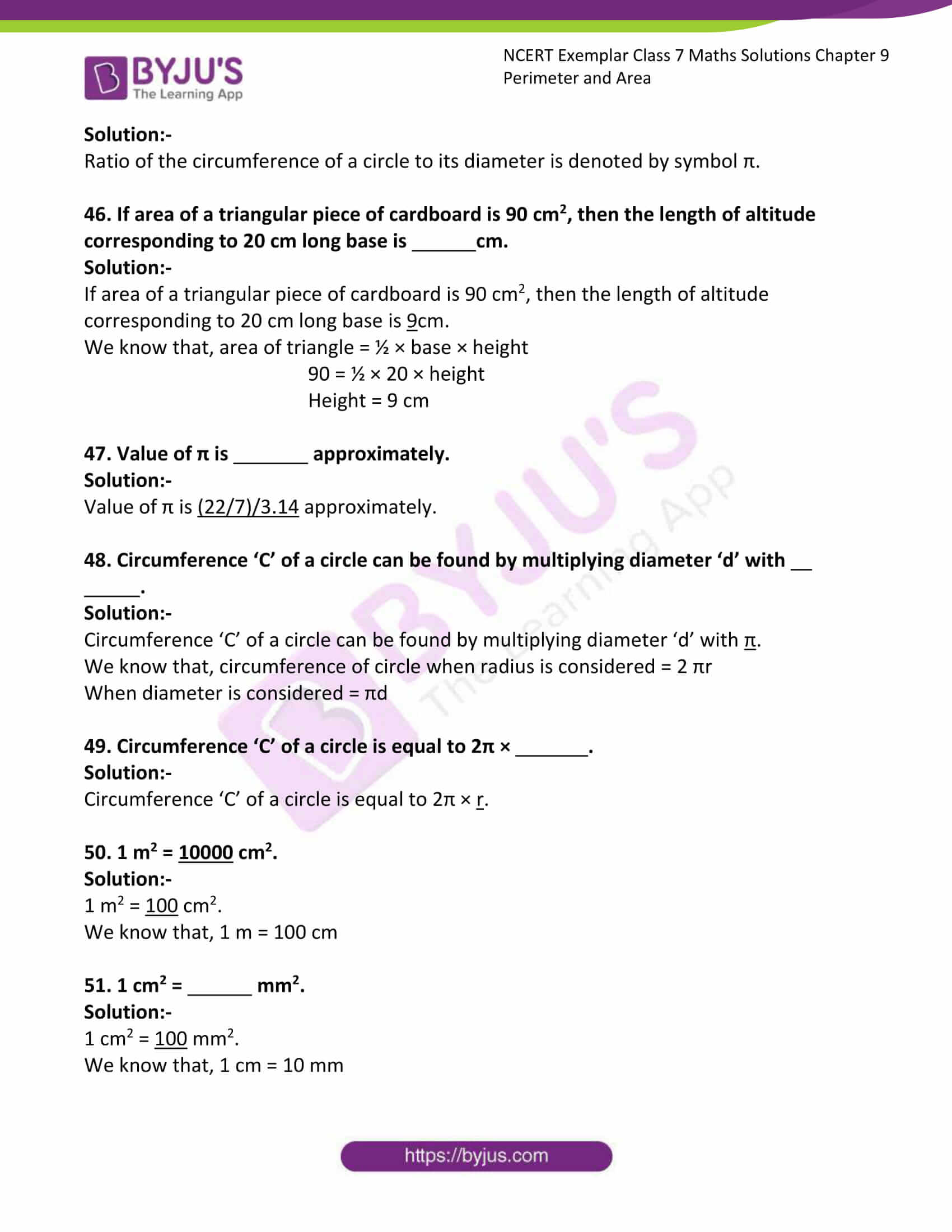 NCERT Exemplar Solutions for Class 7 Maths Chapter 9 Perimeter and Area ...