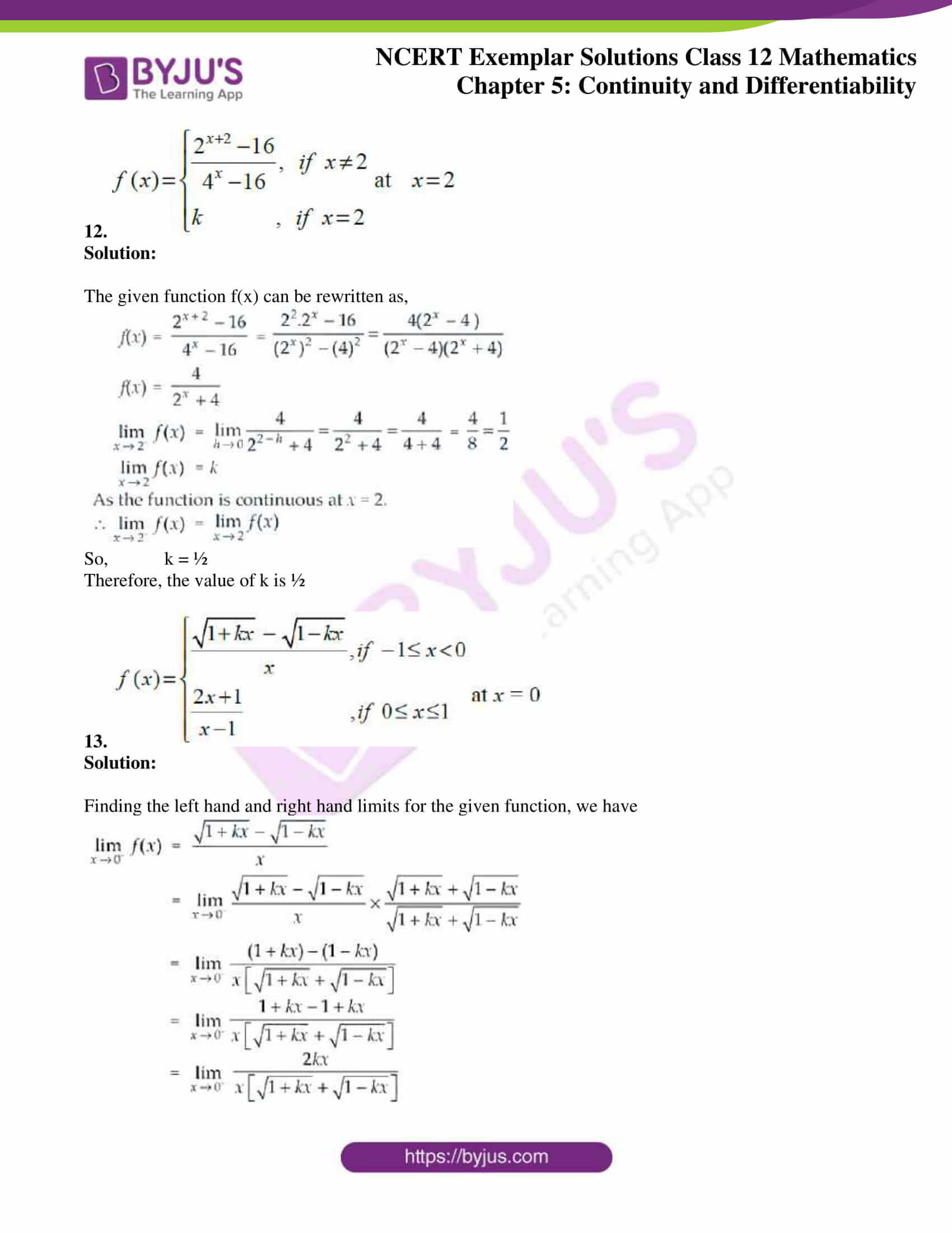 NCERT Exemplar Solutions For Class 12 Maths Chapter 5 Continuity And