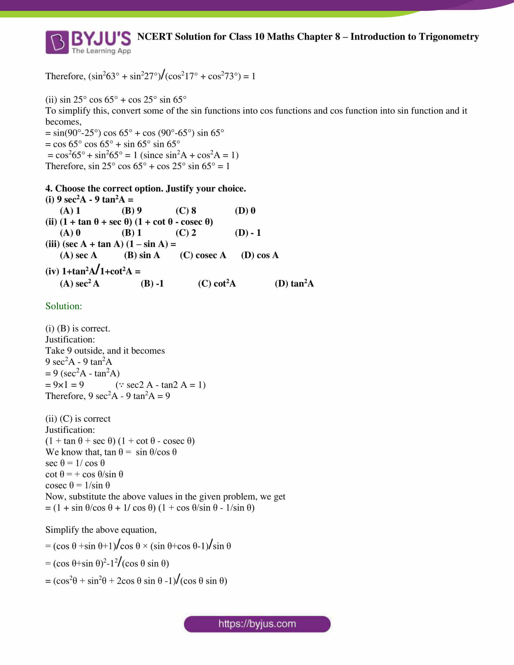 NCERT Solutions Class 10 Maths Chapter 8 Introduction to Trigonometry