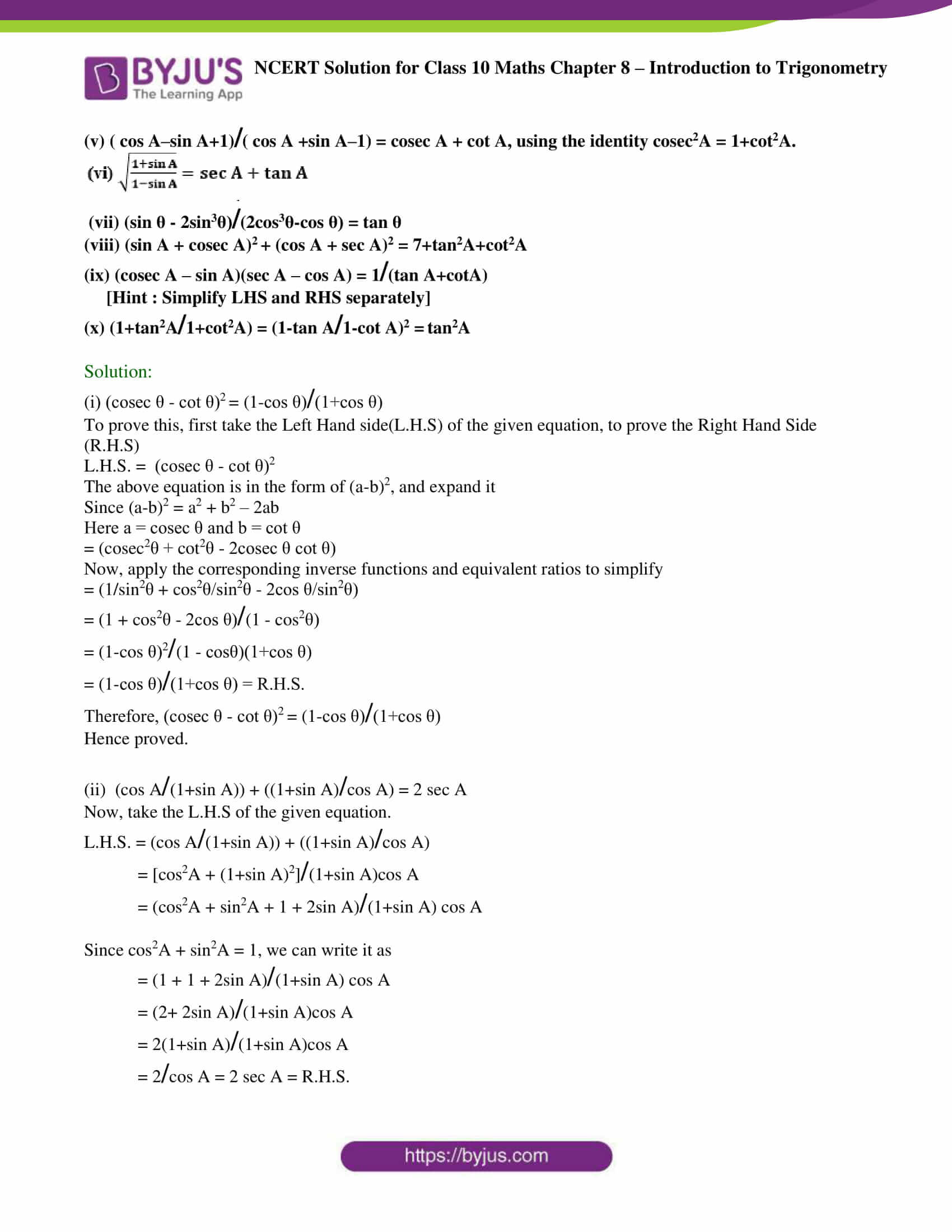 NCERT Solutions Class 10 Maths Chapter 8 Introduction to Trigonometry