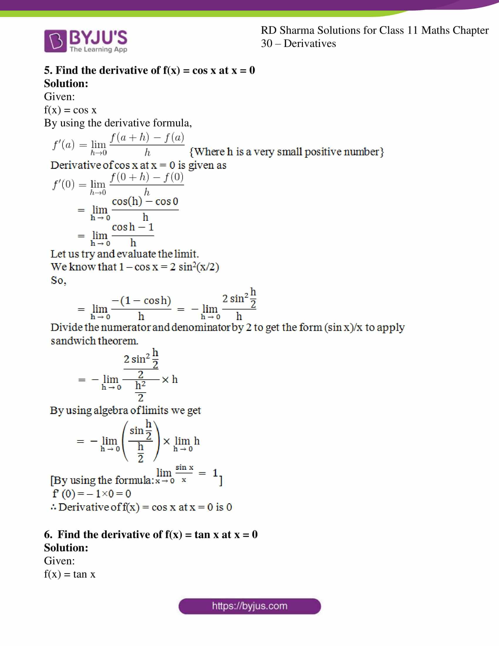 RD Sharma Solutions For Class 11 Chapter 30 Derivatives Exercise 30 1