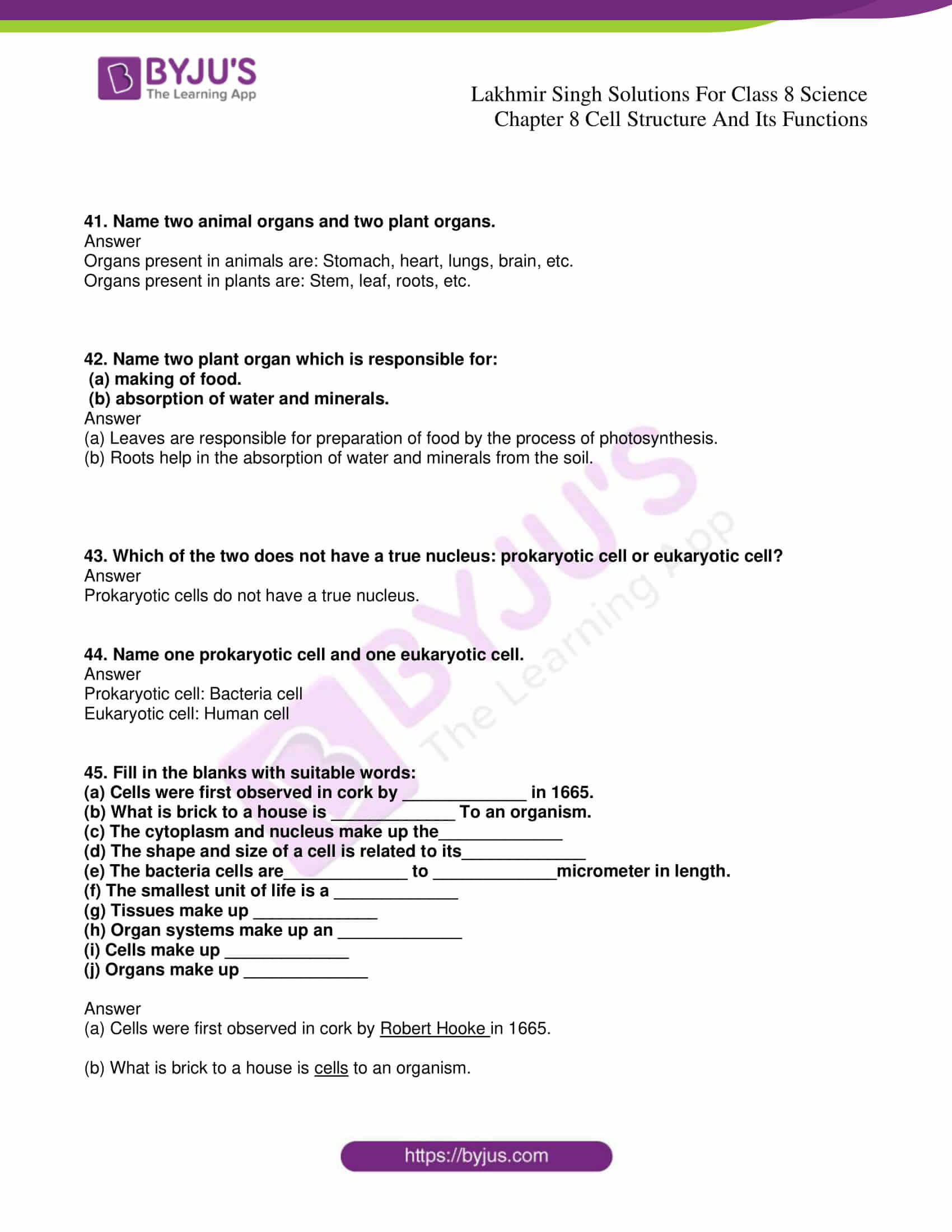 Lakhmir Singh Science Class 8 Solutions For Chapter 8 Cell Structure Lakhmir Singh Science Class 8 Solutions For Chapter 8 Cell Structure