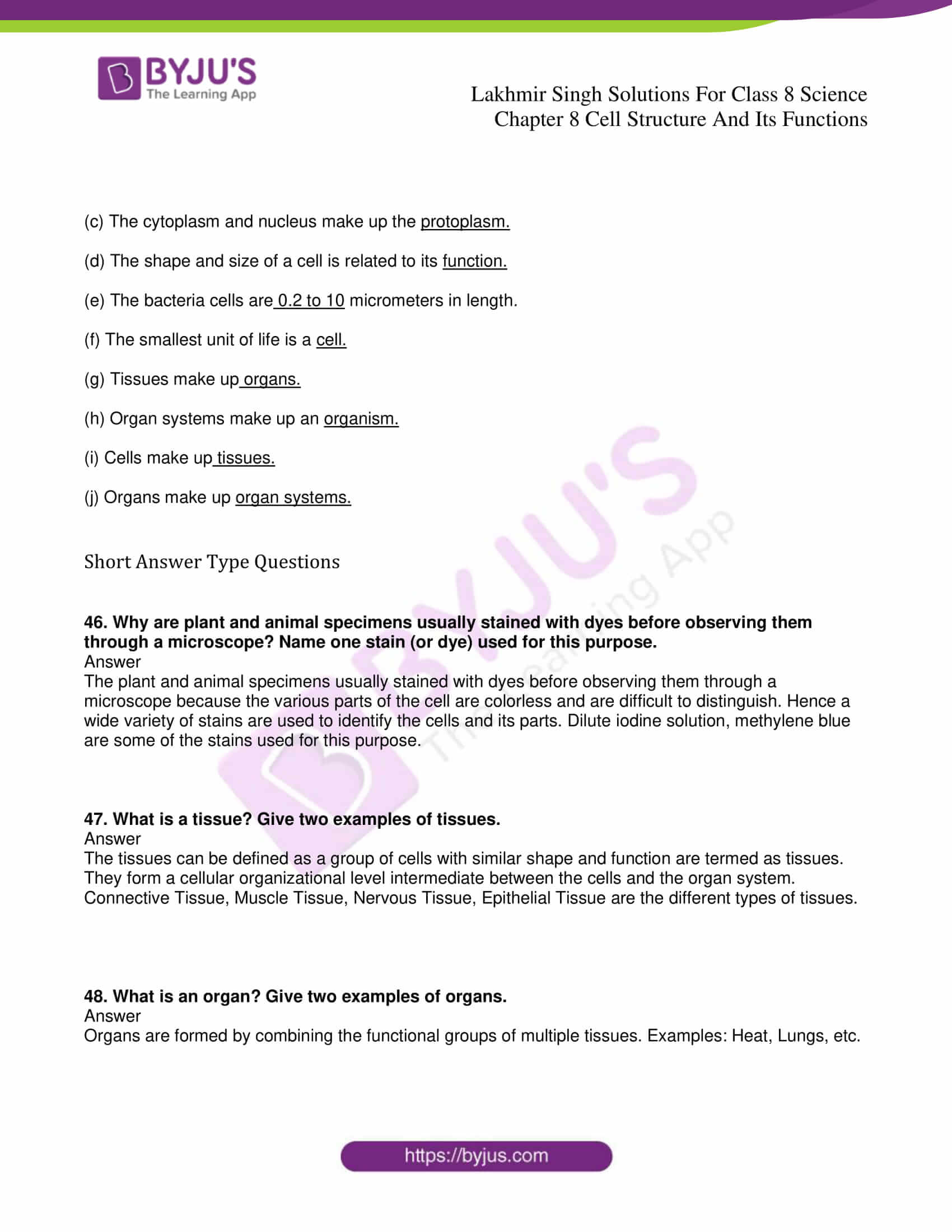 Lakhmir Singh Science Class 8 Solutions For Chapter 8 Cell Structure Lakhmir Singh Science Class 8 Solutions For Chapter 8 Cell Structure