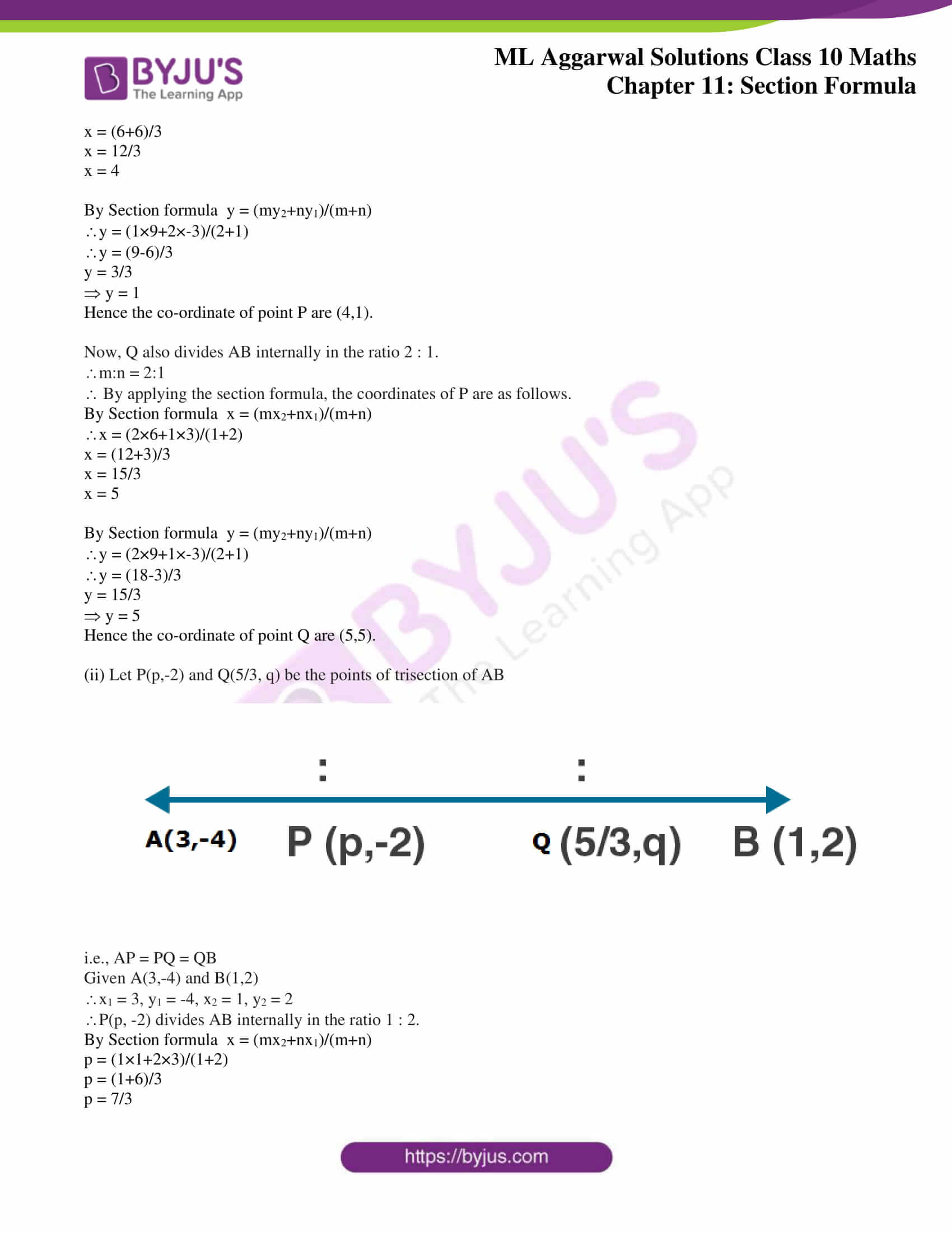 ML Aggarwal Solutions For Class 10 Maths Chapter 11 Section Formula