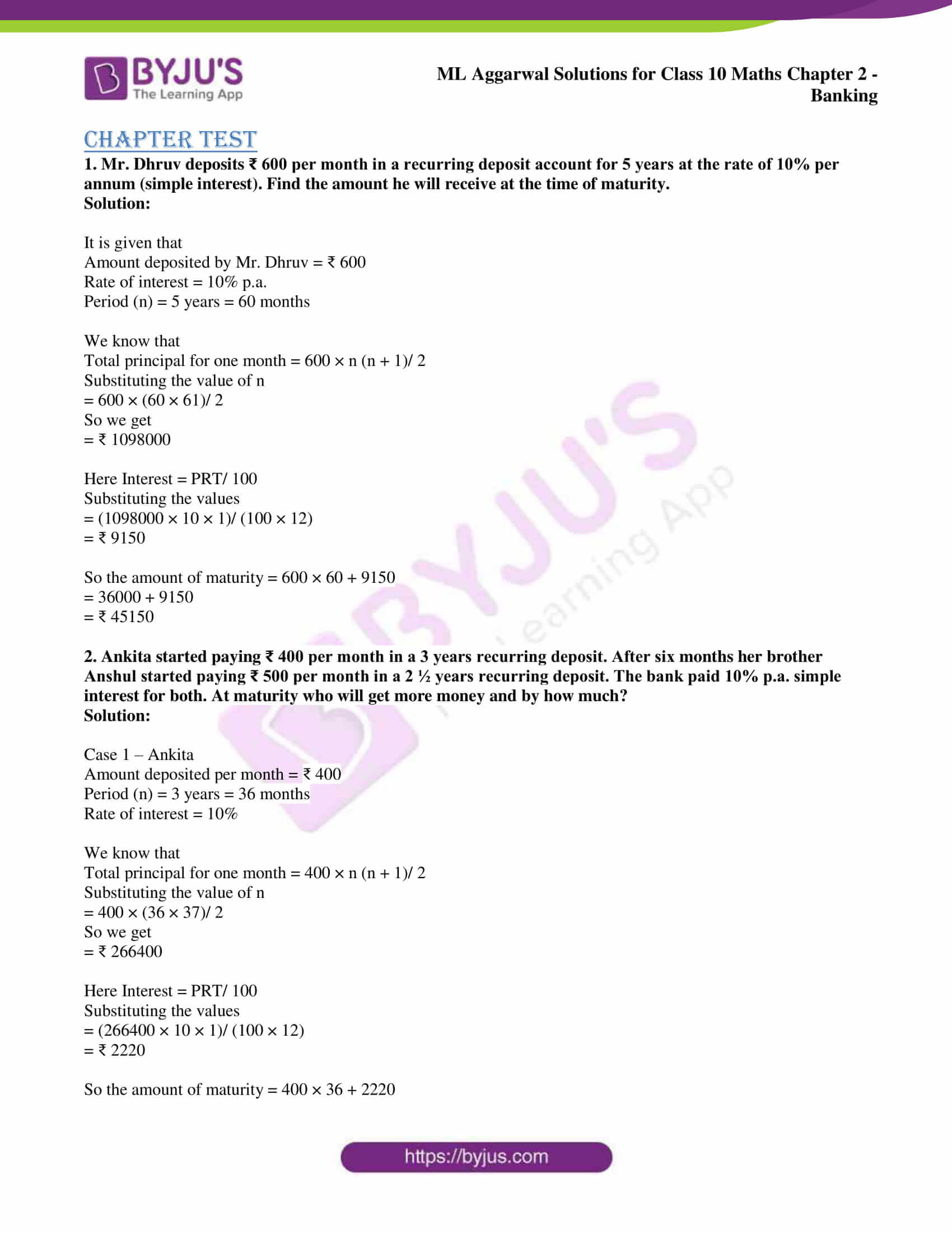 ML Aggarwal Solutions for Class 10 Maths Chapter 2 Banking