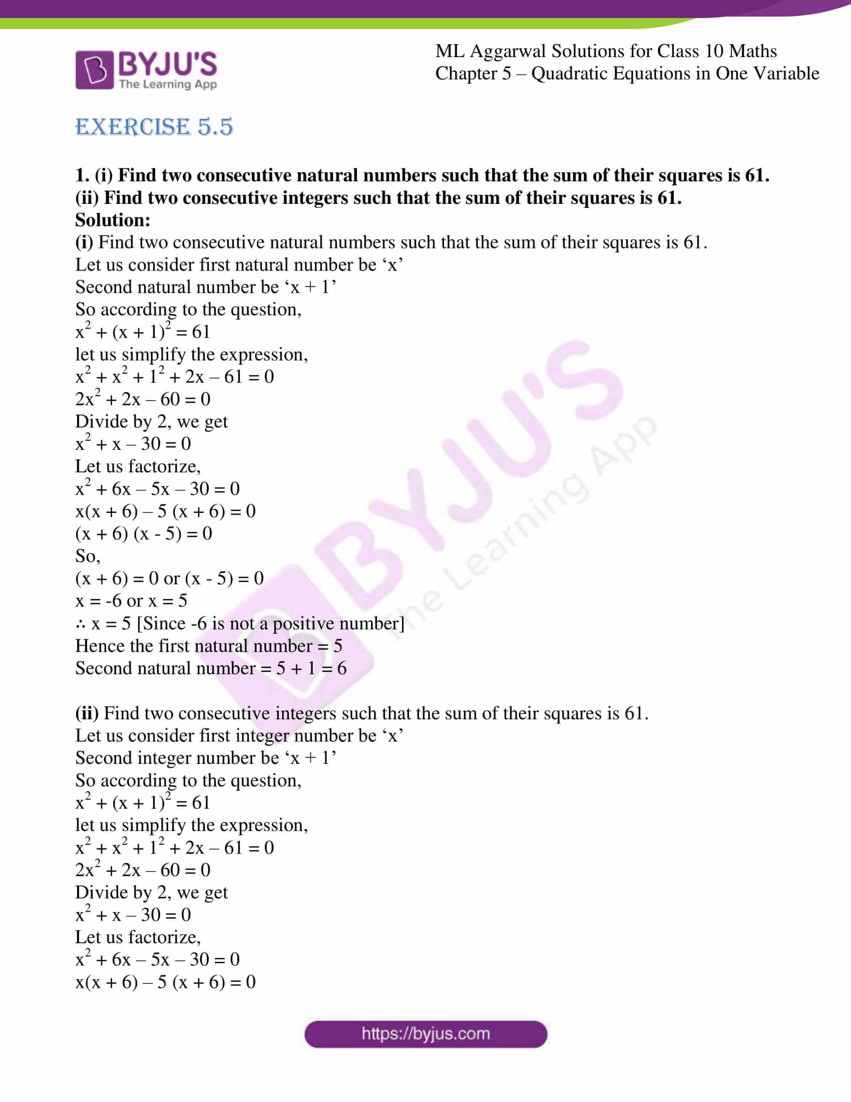 ML Aggarwal Solutions for Class 10 Chapter 5 - Quadratic Equations in One Variable free pdf ...