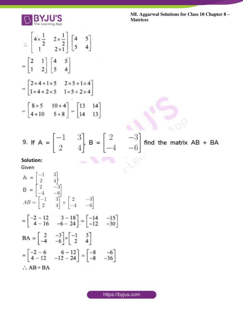 ML Aggarwal Solutions for Class 10 Chapter 8 - Matrices avail free pdf