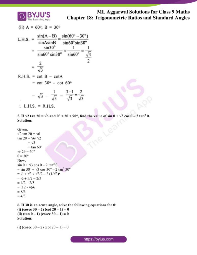 ML Aggarwal Solutions for Class 9 Maths Chapter 18 Trigonometric Ratios ...