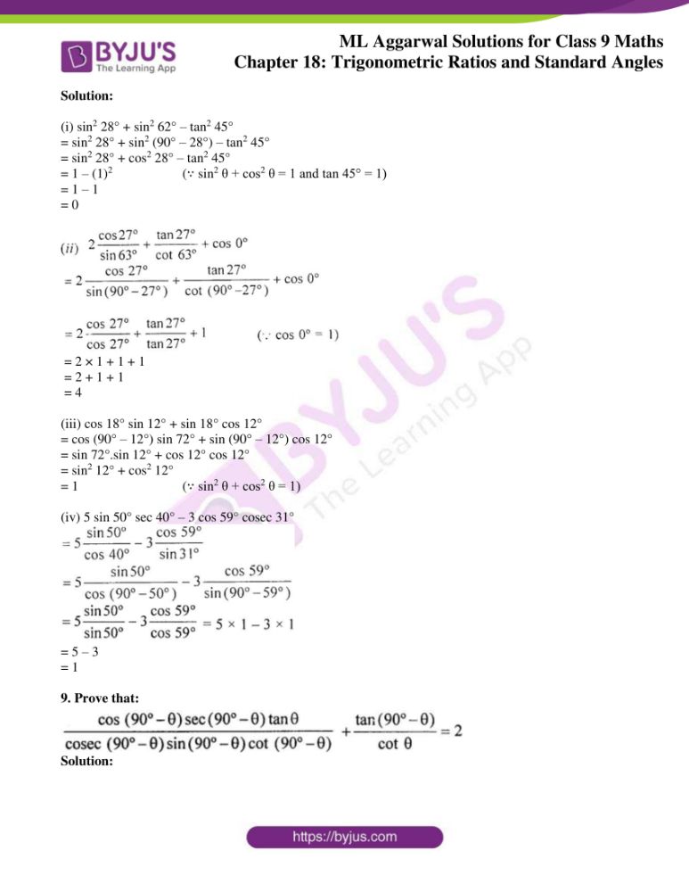 ML Aggarwal Solutions for Class 9 Maths Chapter 18 Trigonometric Ratios ...