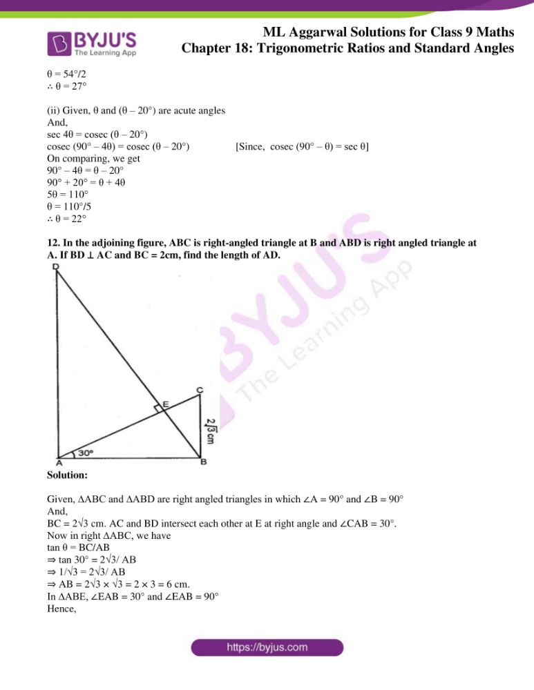ML Aggarwal Solutions for Class 9 Maths Chapter 18 Trigonometric Ratios ...