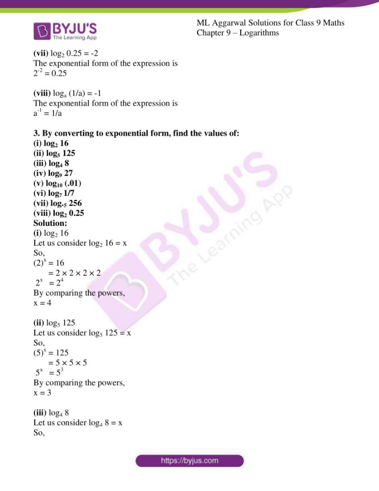 ML Aggarwal Solutions for Class 9 Chapter 9 - Logarithms get free pdf