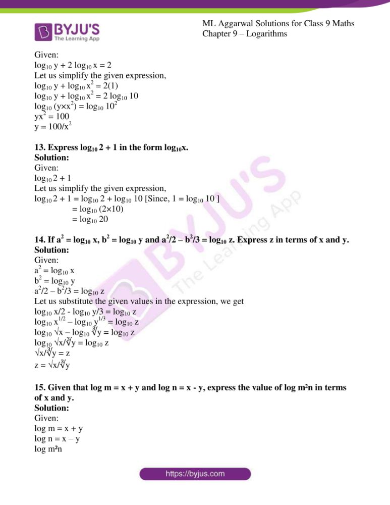 ML Aggarwal Solutions for Class 9 Chapter 9 - Logarithms get free pdf