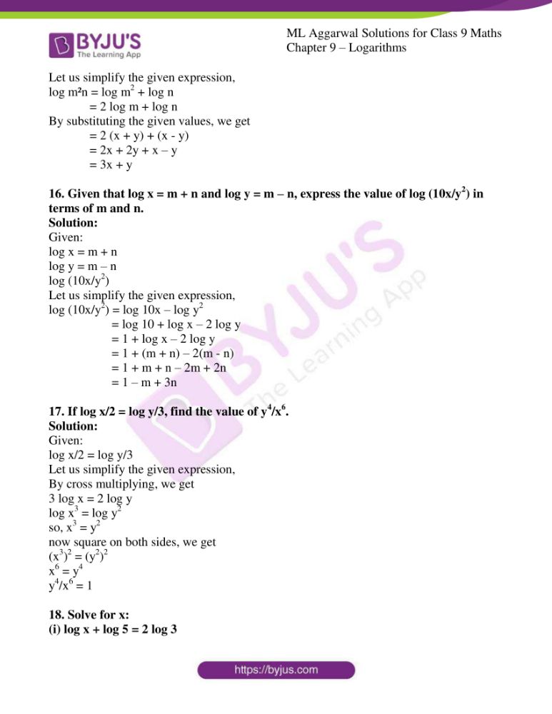 ML Aggarwal Solutions for Class 9 Chapter 9 - Logarithms get free pdf